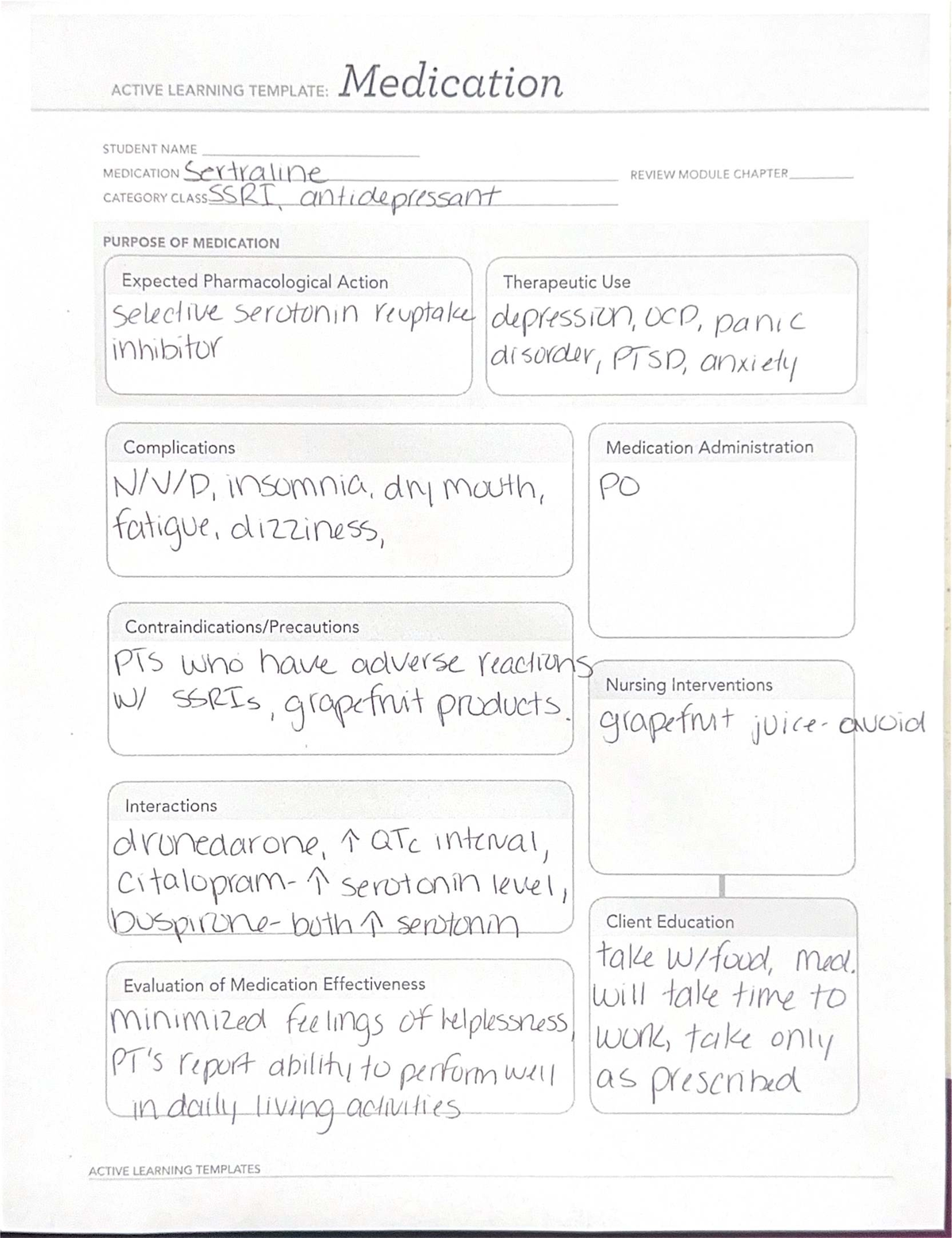 Active Learning Template: Medication Review for SSRI (Sertraline) - Studocu
