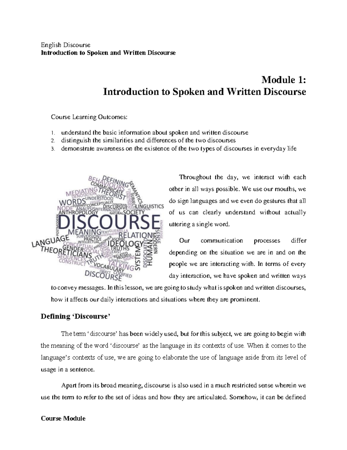 Lesson 1: Intro to Spoken & Written Discourse - AMA - Studocu