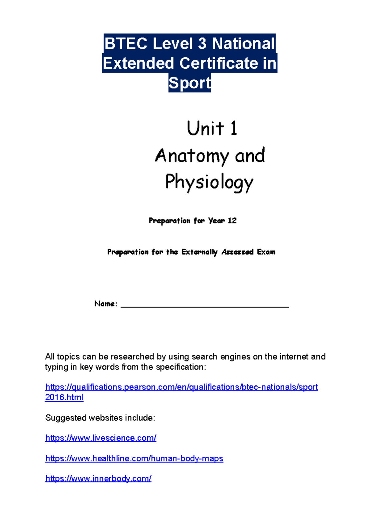 BTEC Level 3 Sport Unit 1: Anatomy & Physiology Exam Prep for Year 12 ...