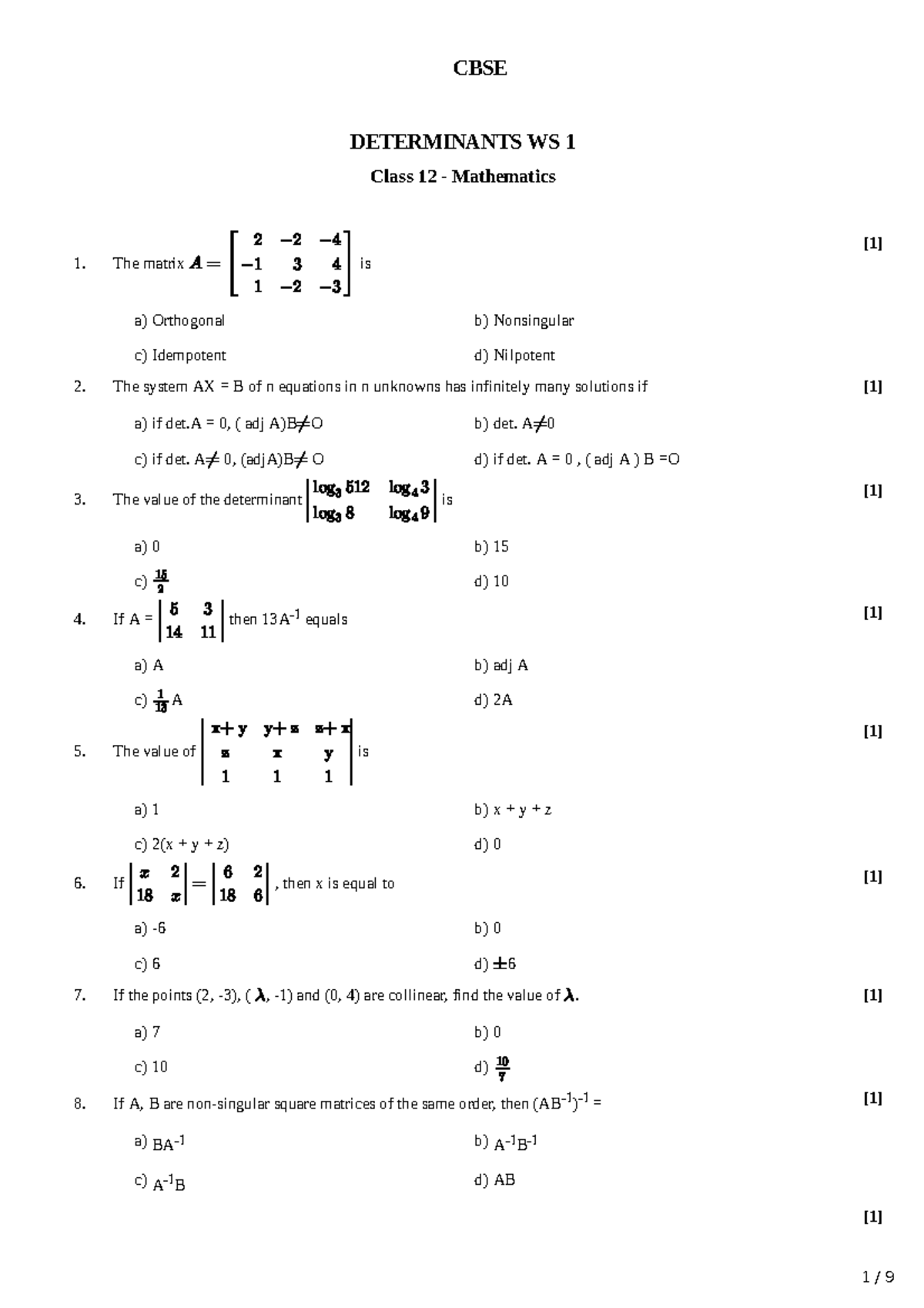 CBSE Class 12 Mathematics: Determinants Worksheet 1 - Studocu