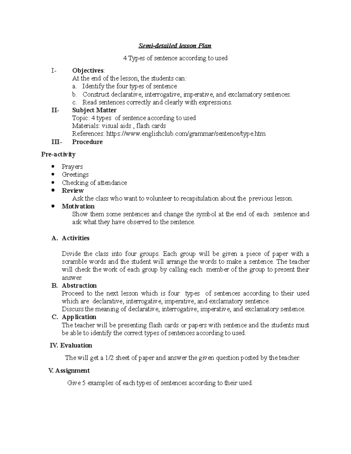 4 Types of sentence according to used Semi-detailed Lesson Plan - Semi ...