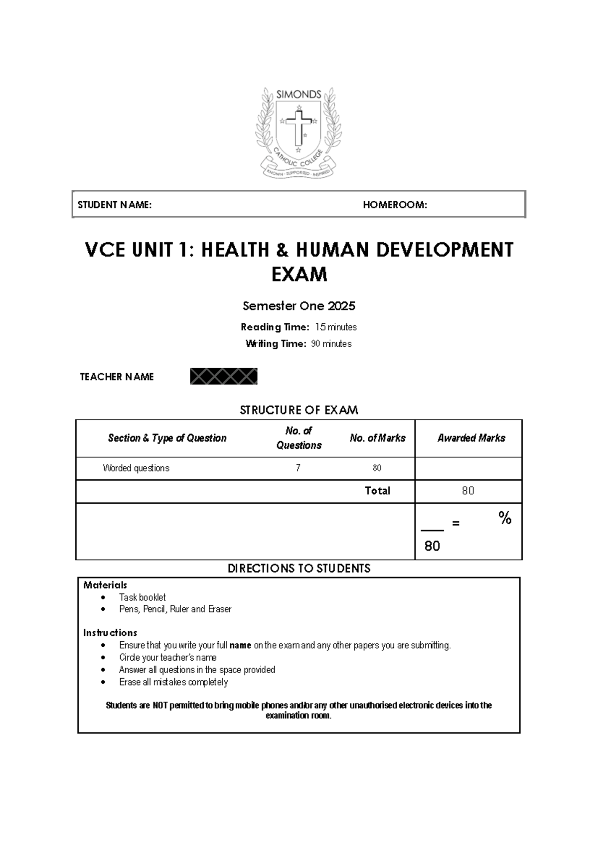 VCE Unit 1 HHD: Semester 1 Practice Exam 2025 - Studocu