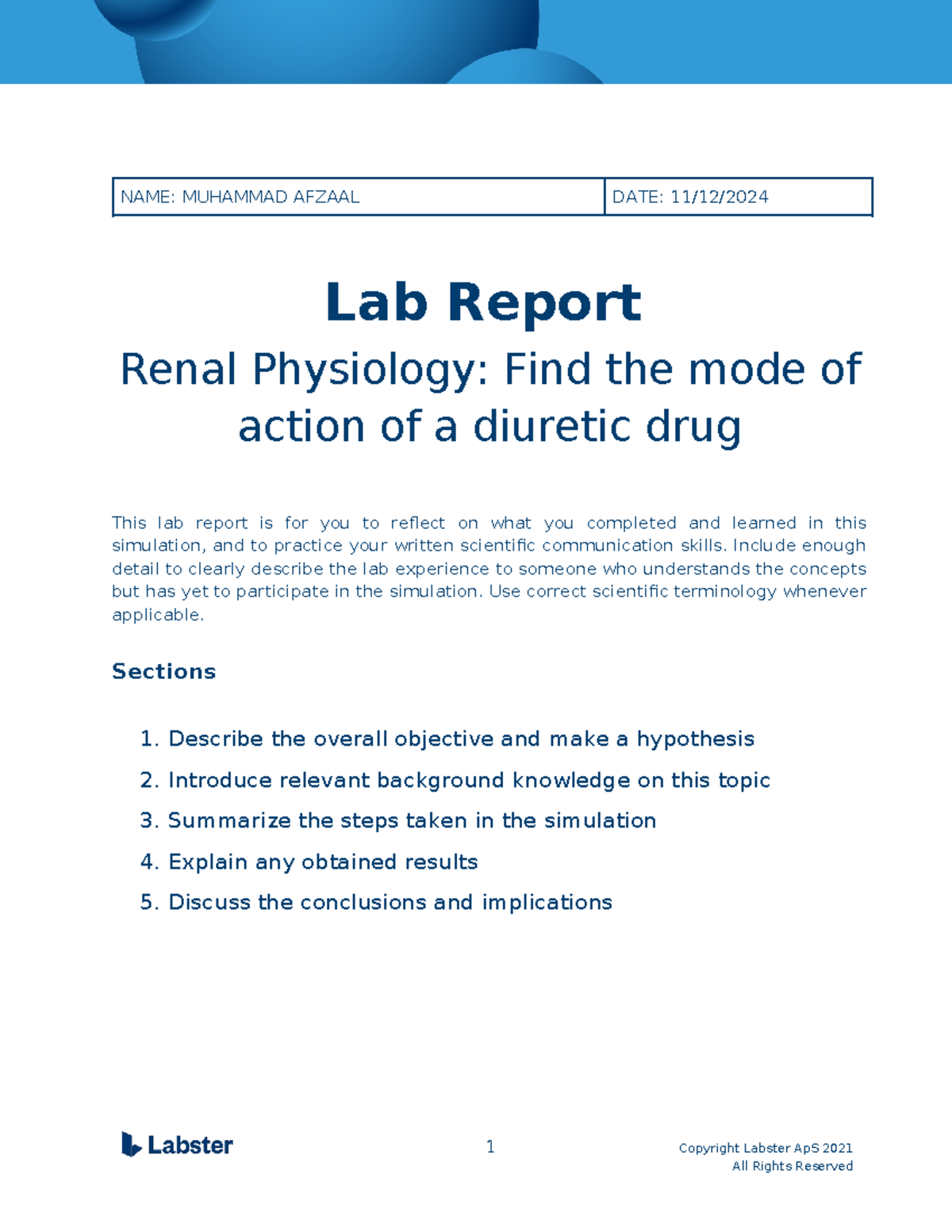 Lab Report: Renal Physiology - Diuretic Drug Mechanism of Action - Studocu