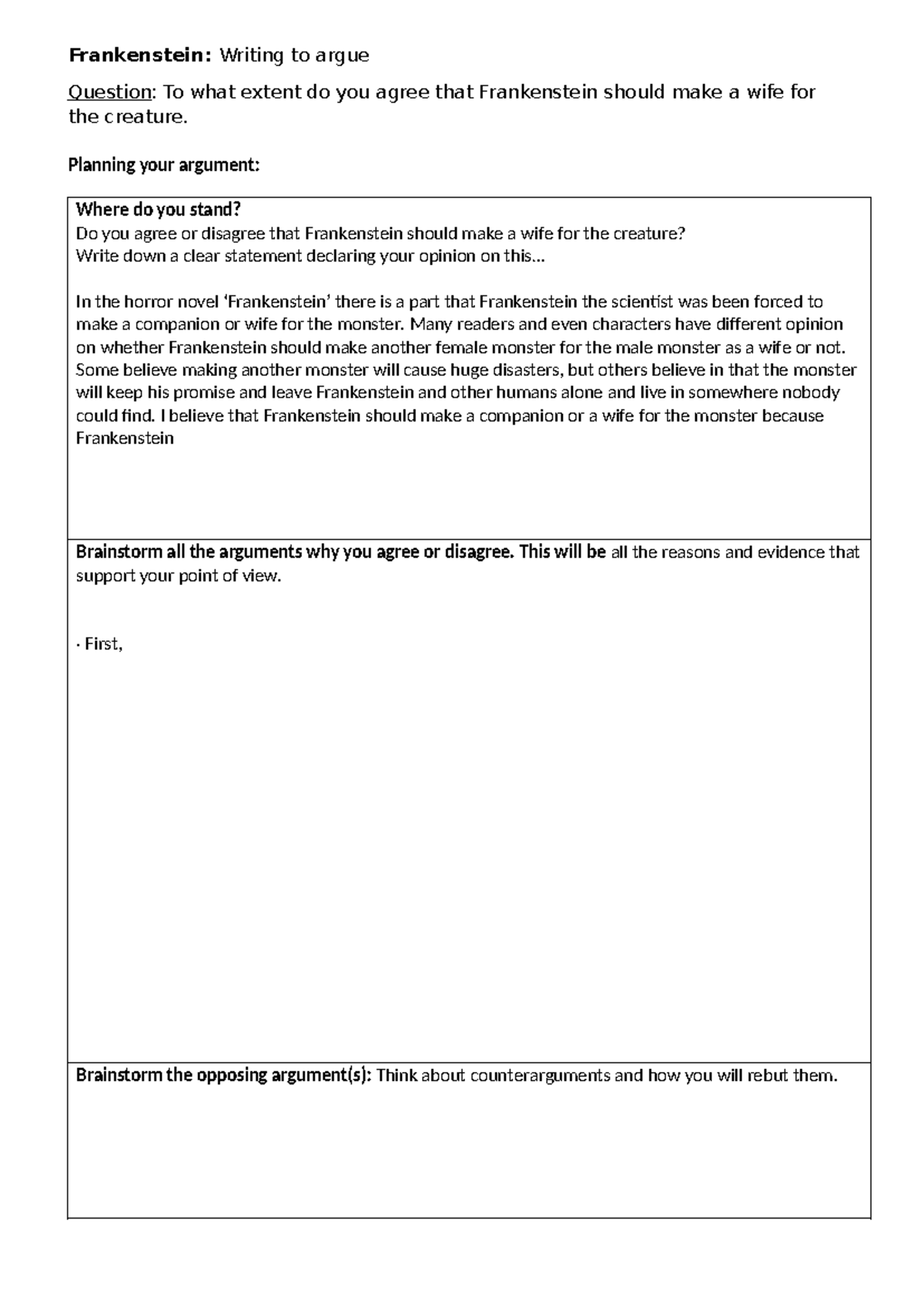 Frankenstein: Argument Planning for Year 7 Essay on Creature's Wife ...