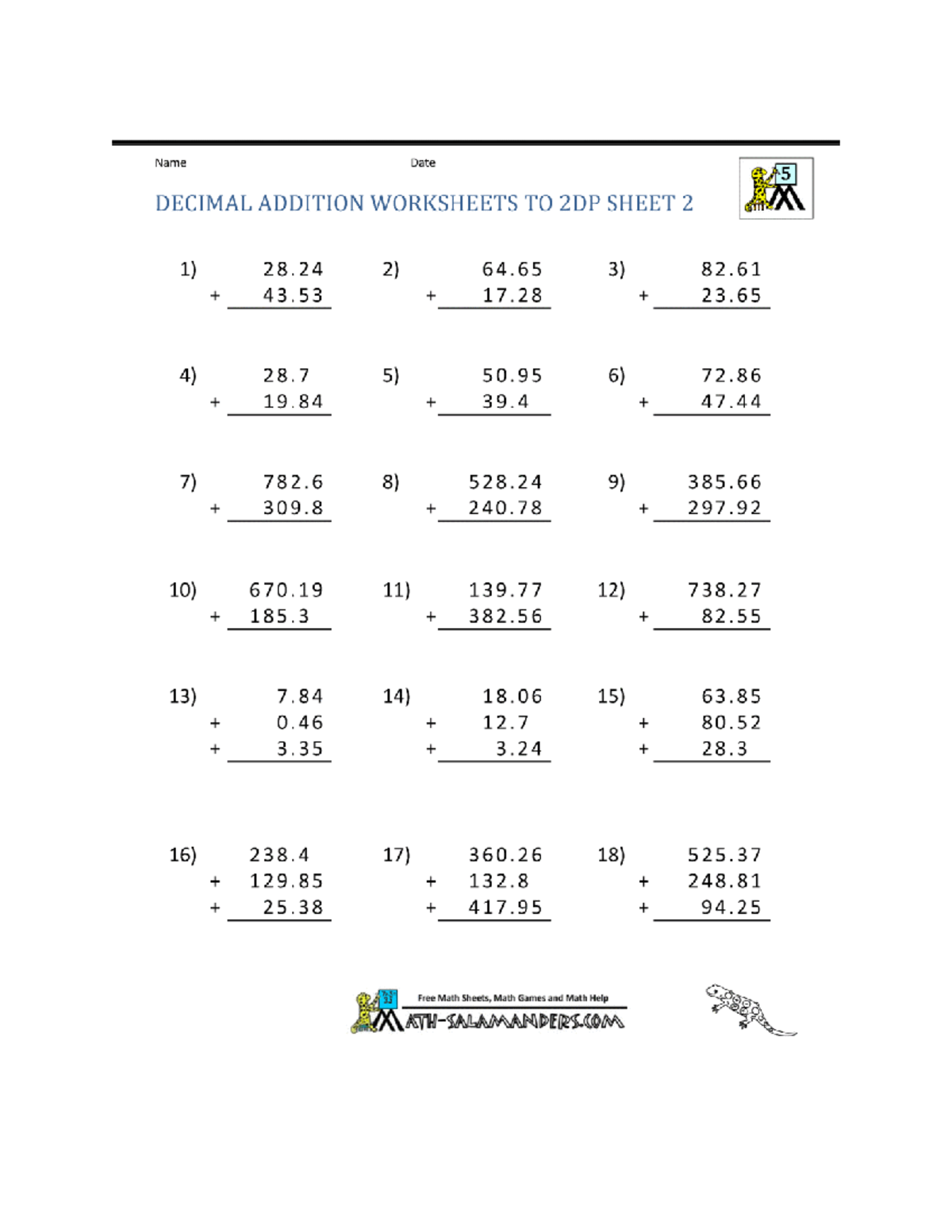 5 DECIMAL ADDITION & SUBTRACTION WORKSHEETS SHEET 2 M - Studocu