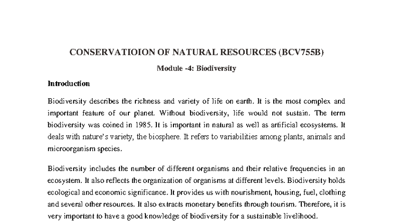 Biodiversity Conservation and Its Importance (BCV755B) Module 4 - Studocu