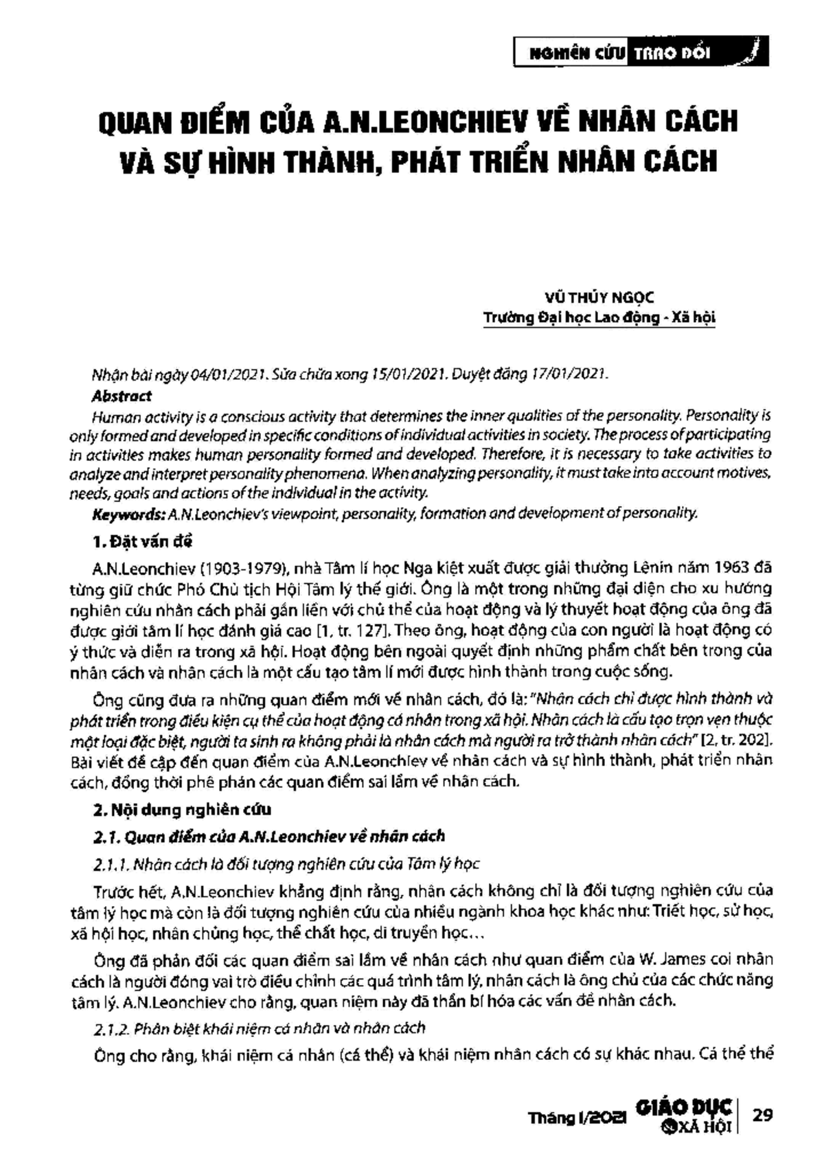 Quan diem Leonchiev ve Nhan Cach va PT Nhan cach - Social Psycology ...