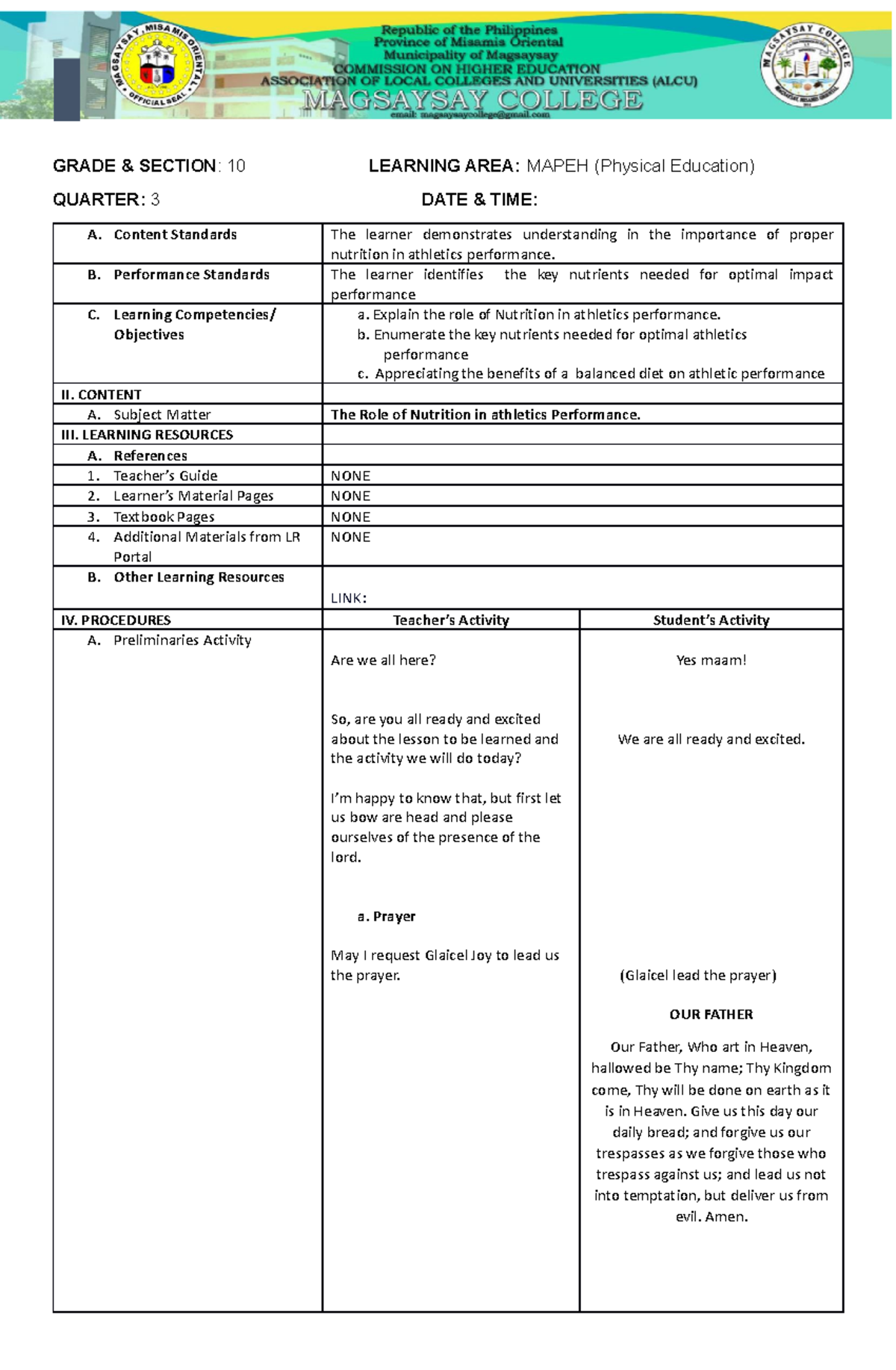 PE Detailed Lesson PLAN - GRADE & SECTION: 10 LEARNING AREA: MAPEH ...