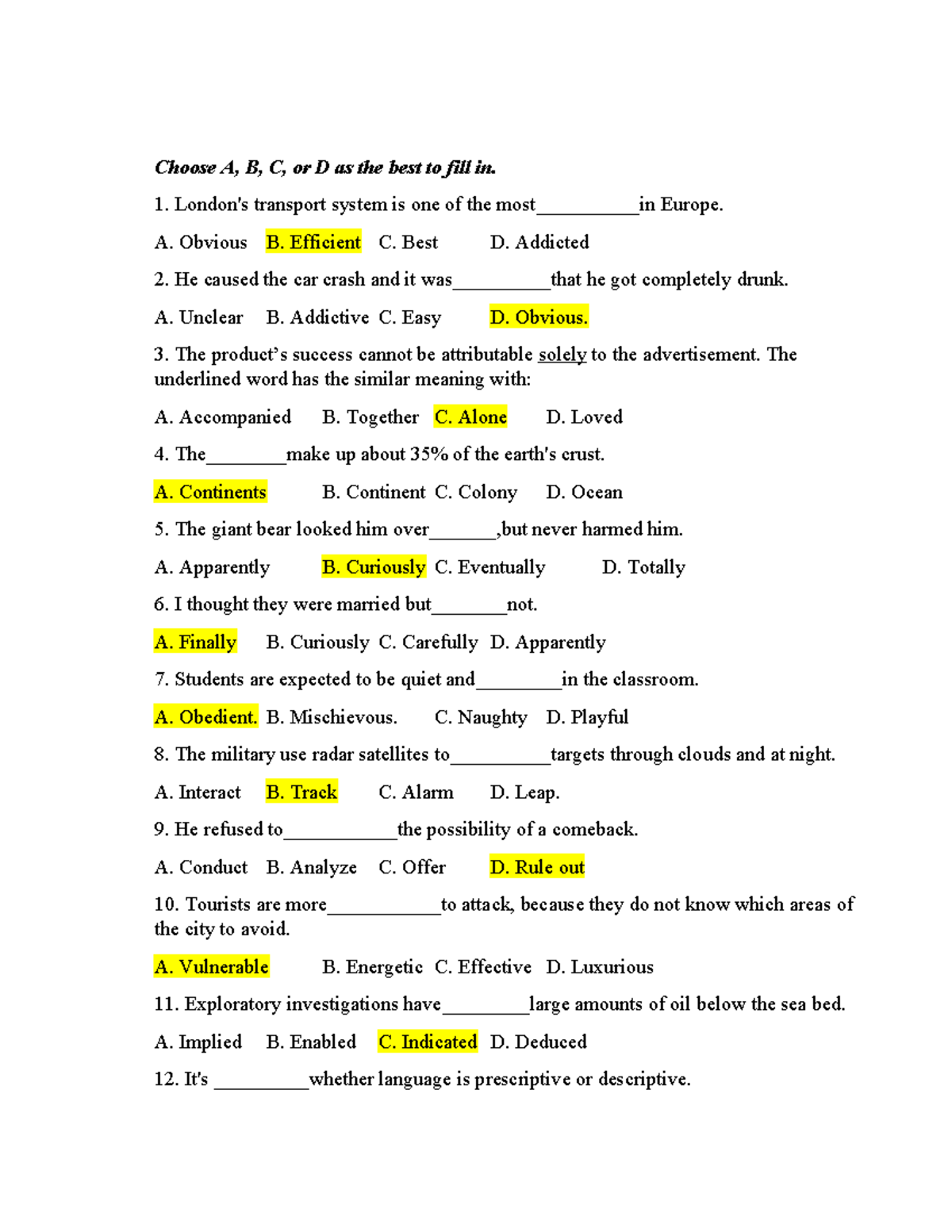 Vocabulary reading 2: multiple choice questions and answers - Studocu