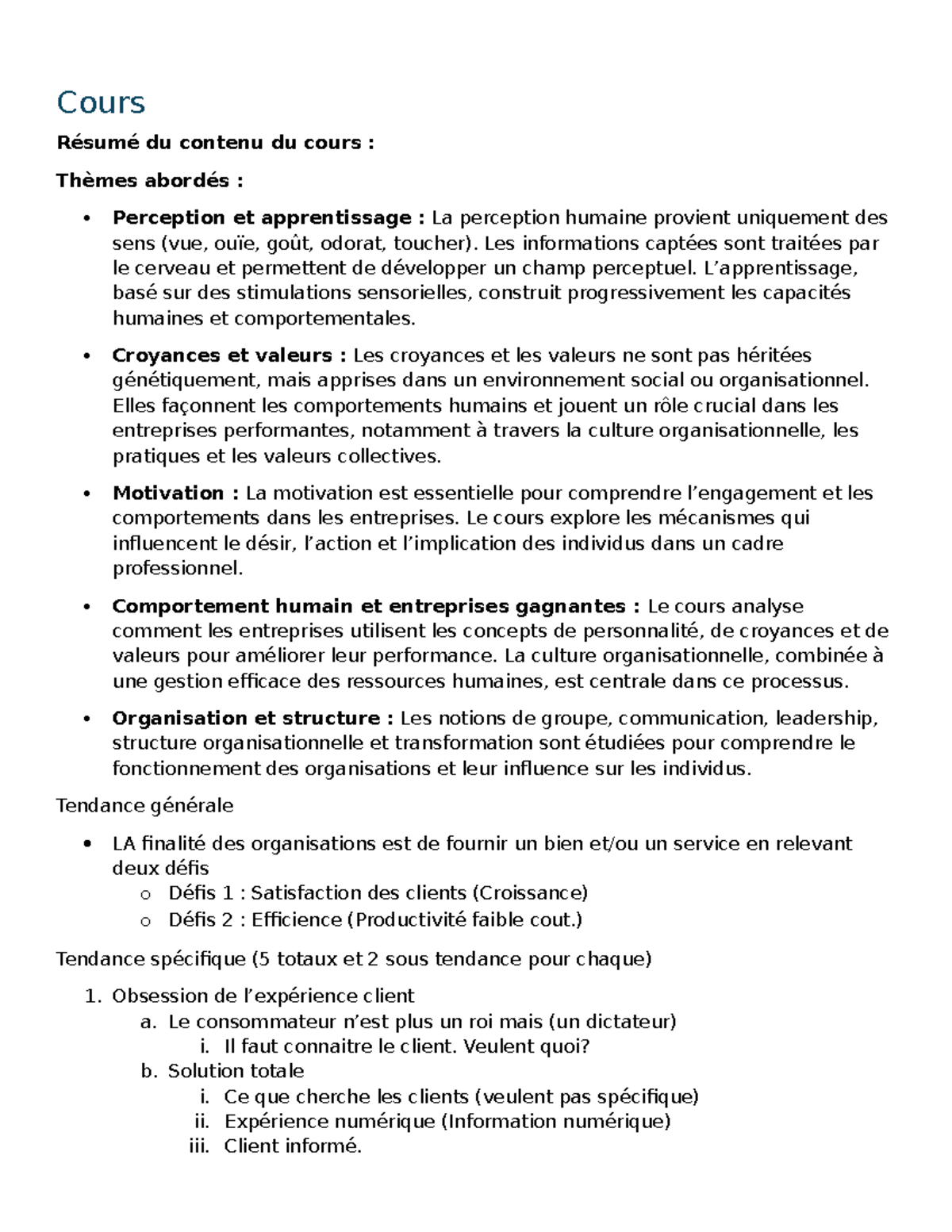 Note des cours - Cours Résumé du contenu du cours : Thèmes abordés ...