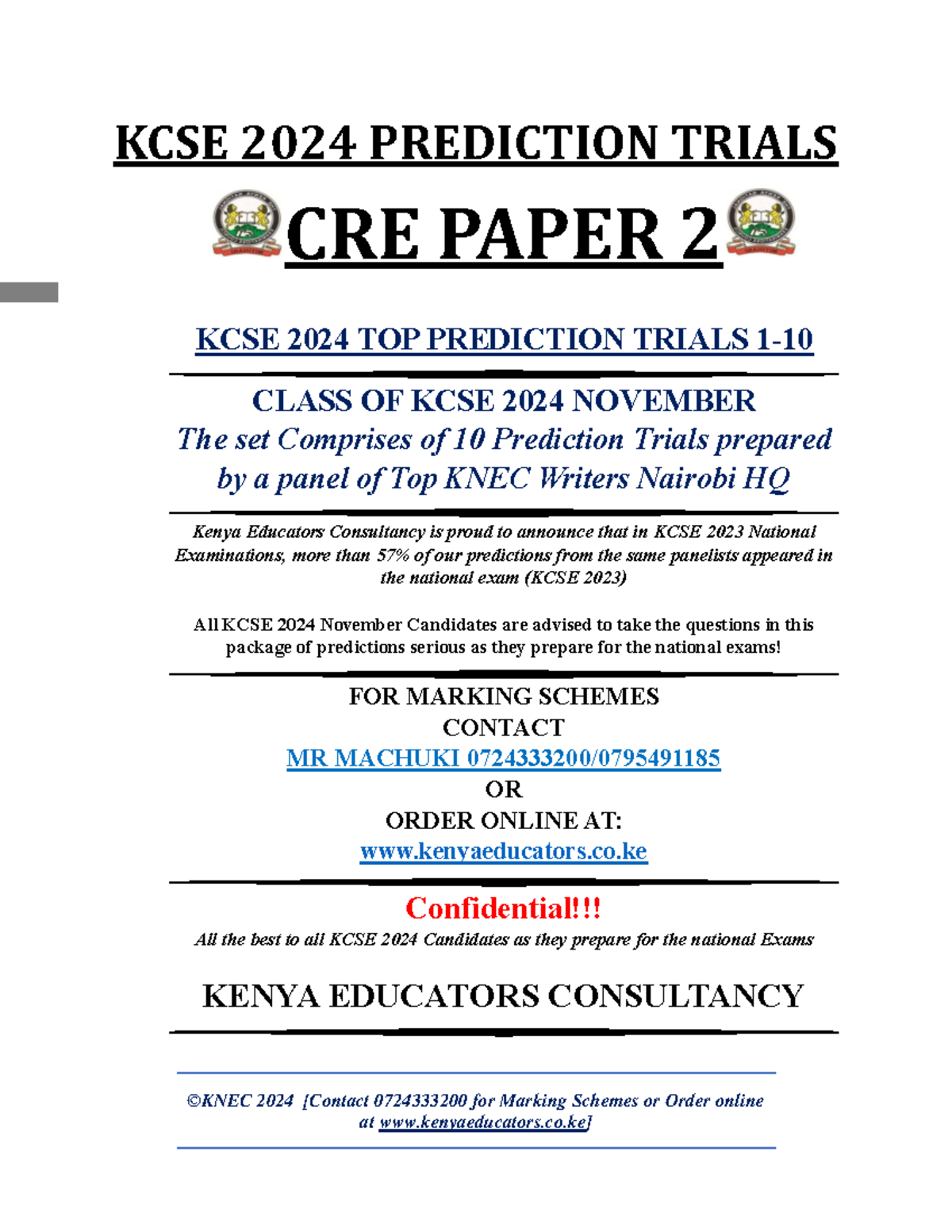 KCSE 2024 CRE Paper 2 Prediction Trials - Top Master Trials 1-4 - Studocu
