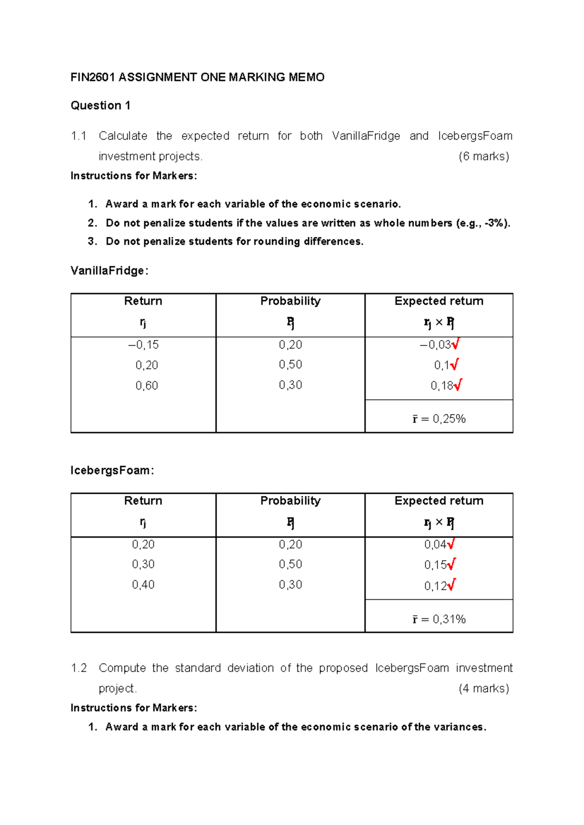 FIN2601 Assignment One Marking Memo: Investment Return Calculations ...