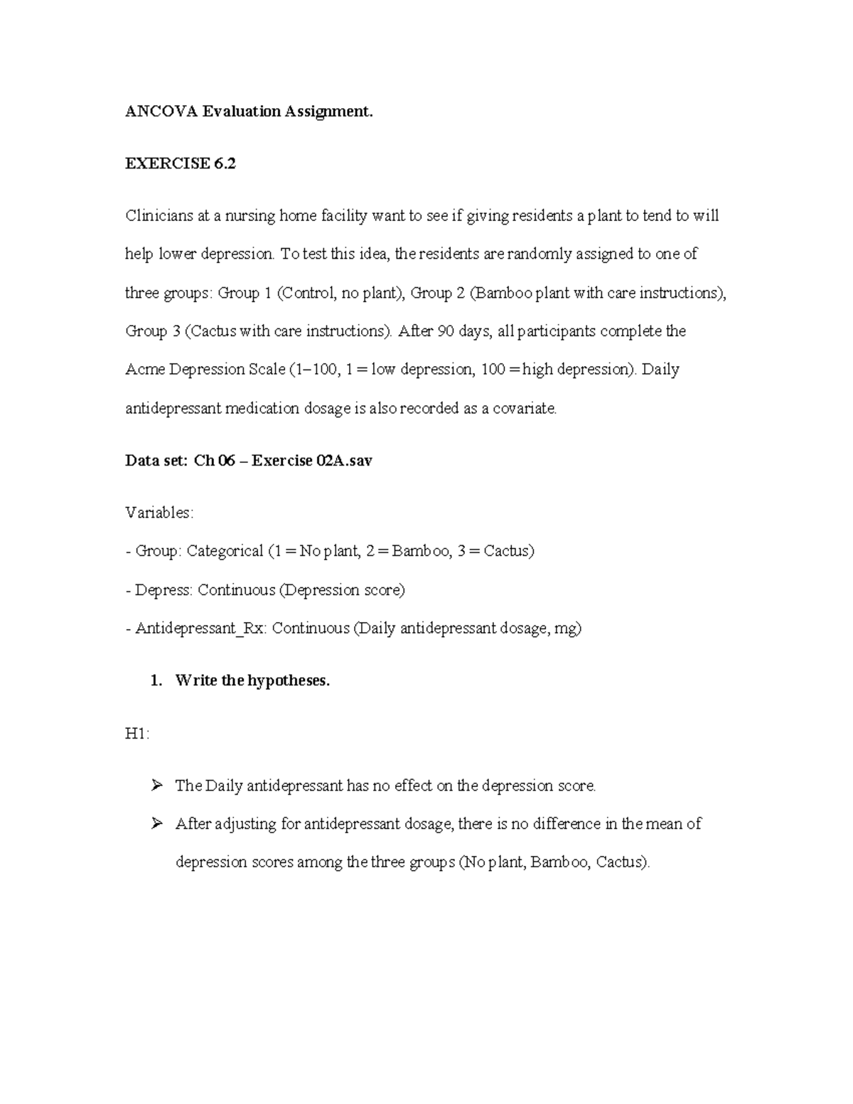 ANCOVA Evaluation Assignment: Impact of Plant Care on Depression Scores ...