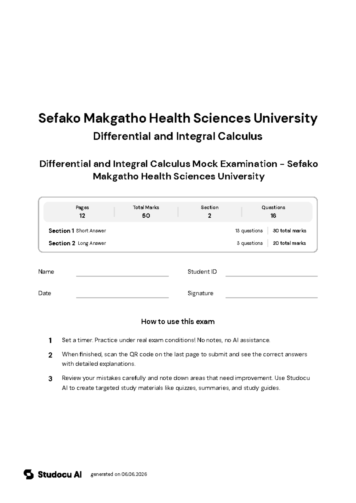 Differential and Integral Calculus Mock Exam - SMU - Studocu