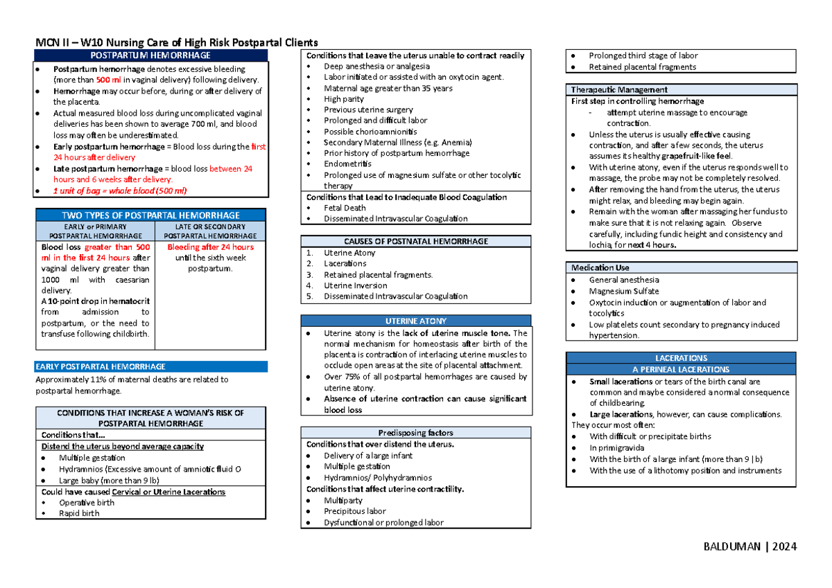 MCN II W10 Nursing Care of High Risk Postpartal Clients: Postpartum ...