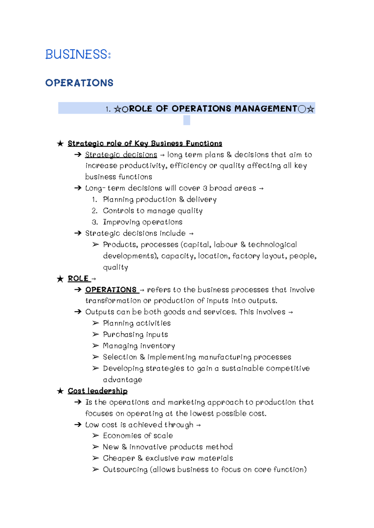 HSC Business: Operations M - Strategic Role of Key Functions and Cost ...