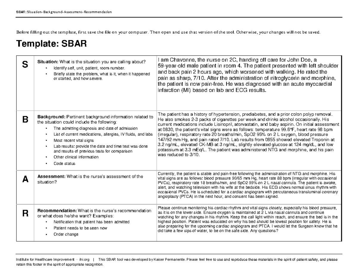 SBAR Template Guide for Healthcare Improvement Tools - Studocu