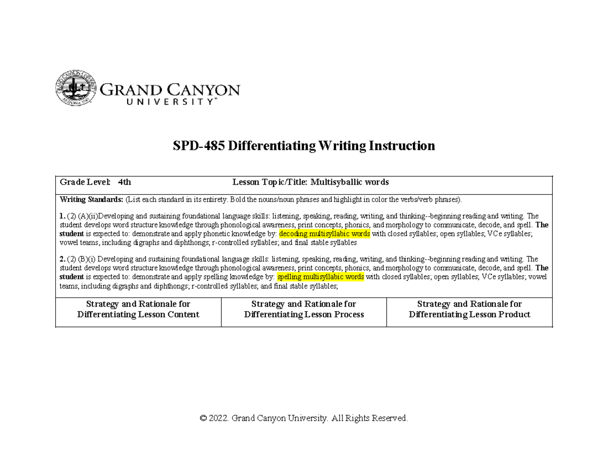 SPD-485 T6 Lesson Plan on Differentiating Multisyllabic Writing Skills ...