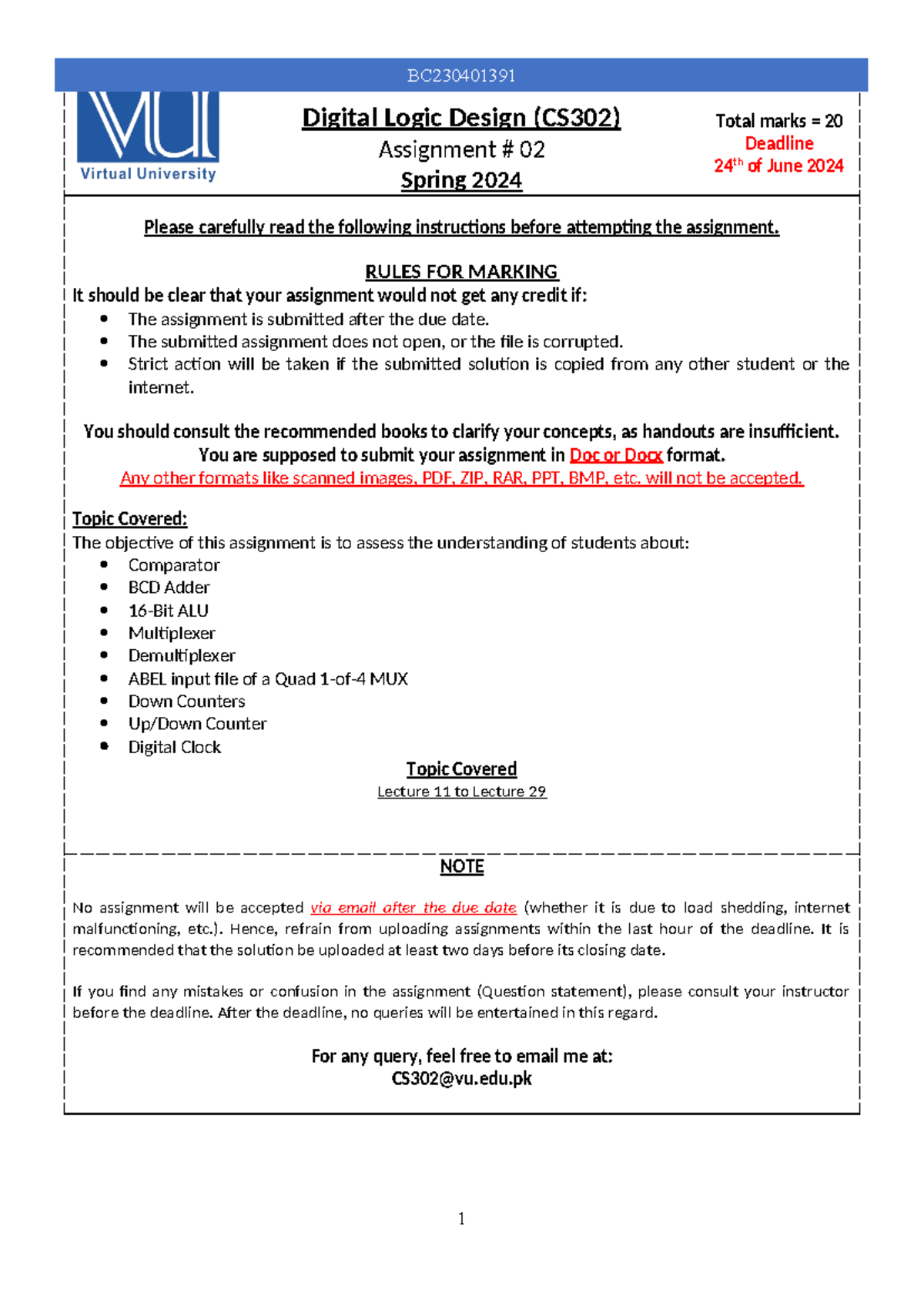 Spring 2024 CS302 Assignment 2 - Digital Logic Design (CS302 ...