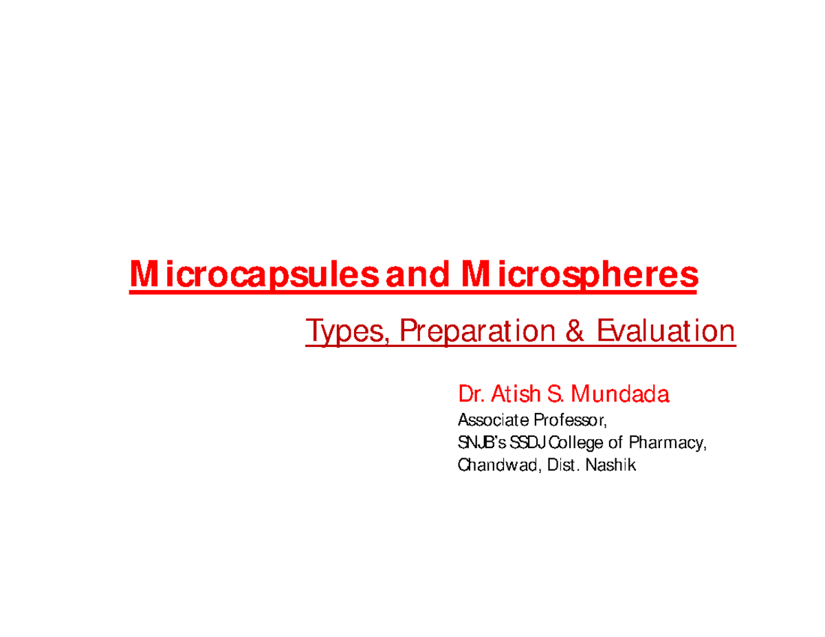 Microcapsules & Microspheres: Types, Prep & Eval - Dr. ASM - Studocu