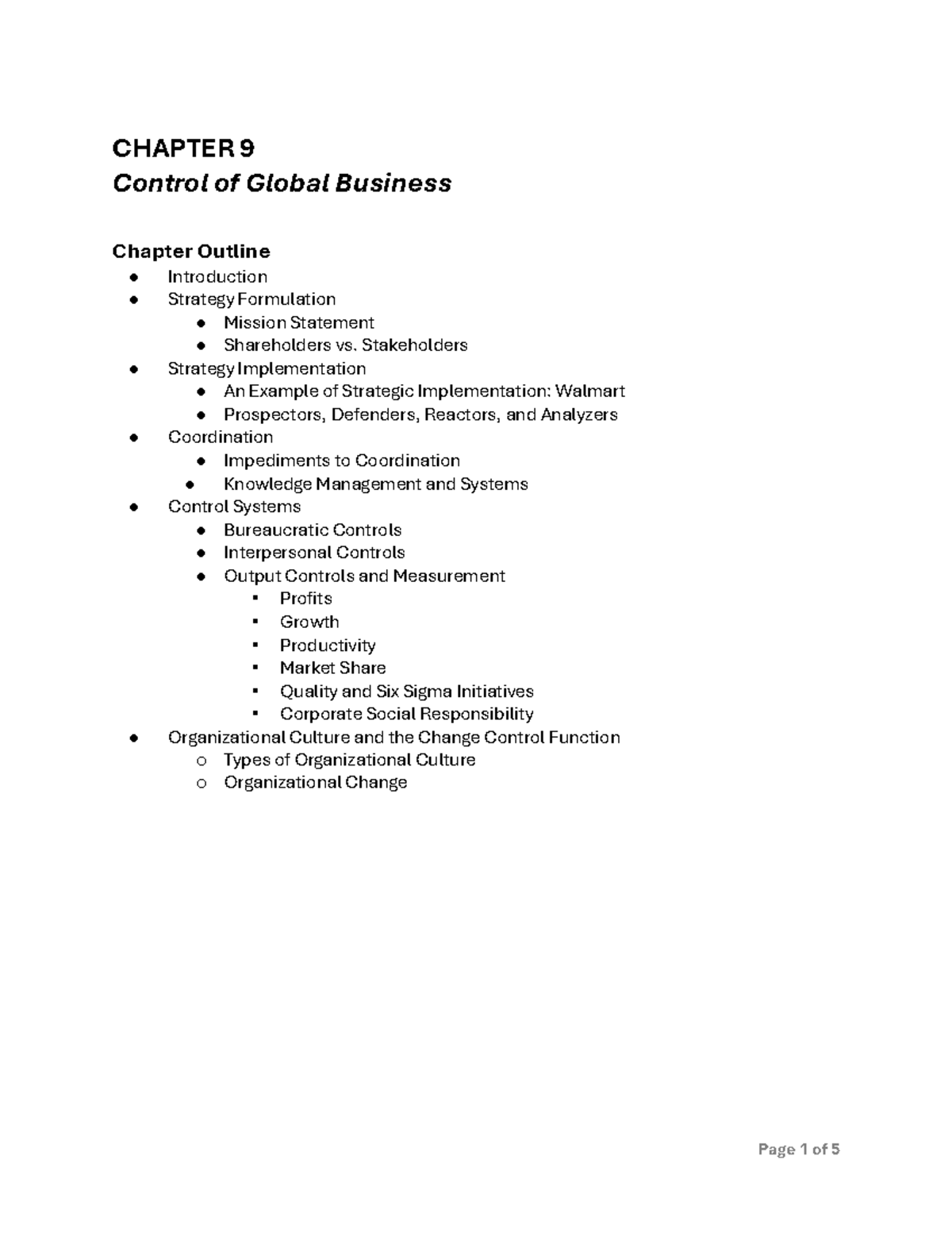 CHAPTER 9 Global Business Strategy Control: Complete Notes - Studocu