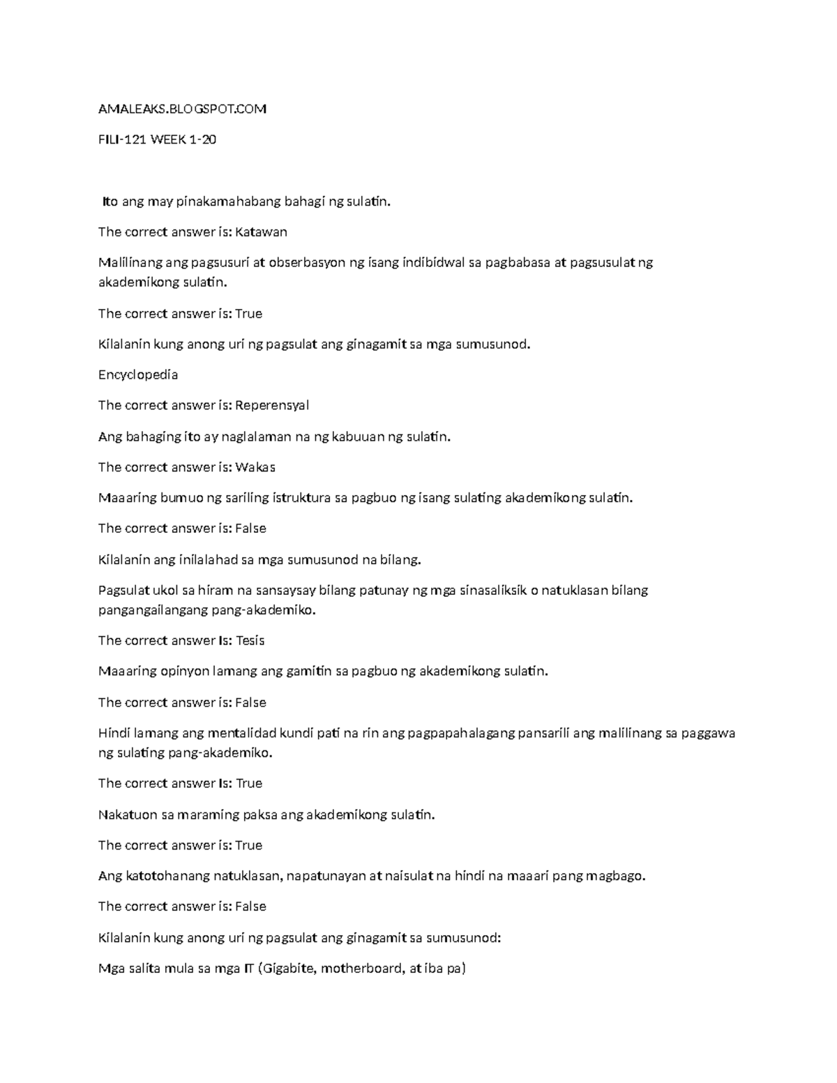 Filipino FILI-121 Week 1-20 Study Notes on Academic Writing Concepts ...