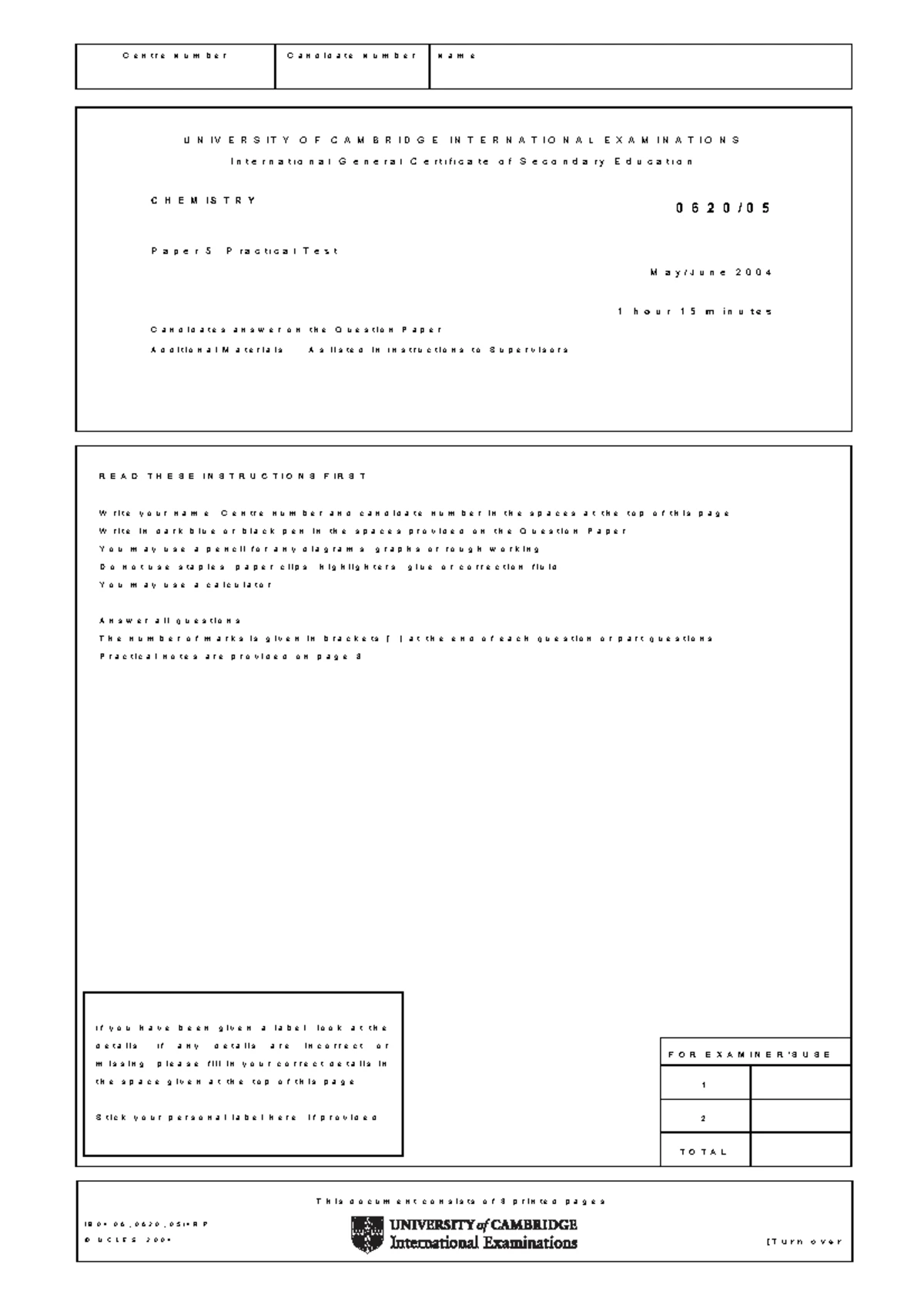 IGCSE 0620 Chemistry Paper 5 Mark Scheme 2006 - Studocu
