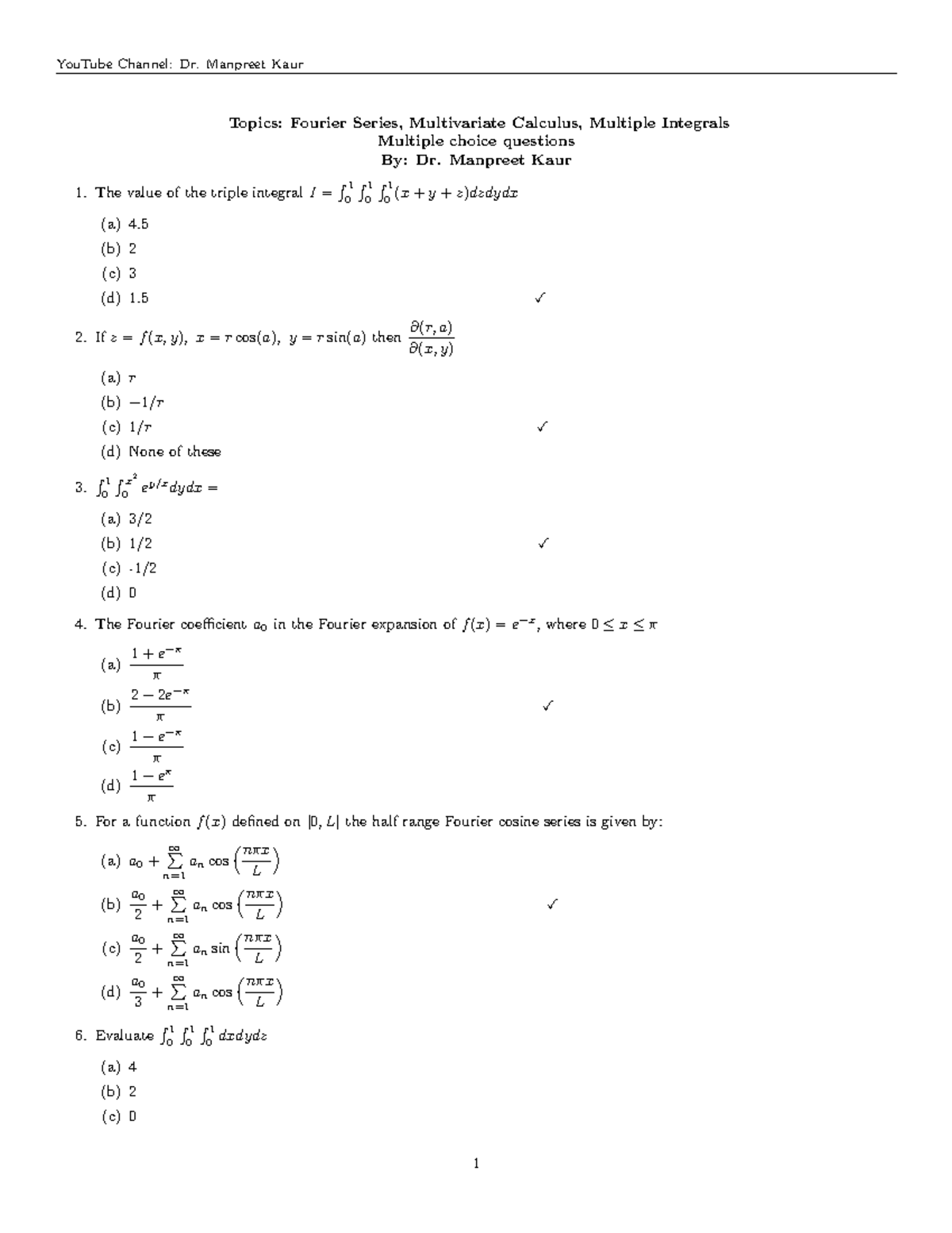 MCQs Practice Questions on U-4,5,6: Fourier Series & Multivariable ...