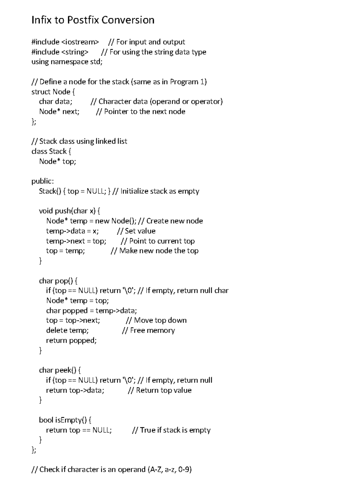 Program 2 B - Practical: Infix to Postfix Conversion Using Stack - Studocu