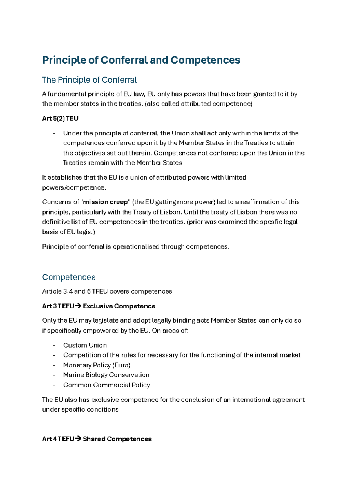 EU Law Revision Notes: Principle of Conferral & Competences - Studocu