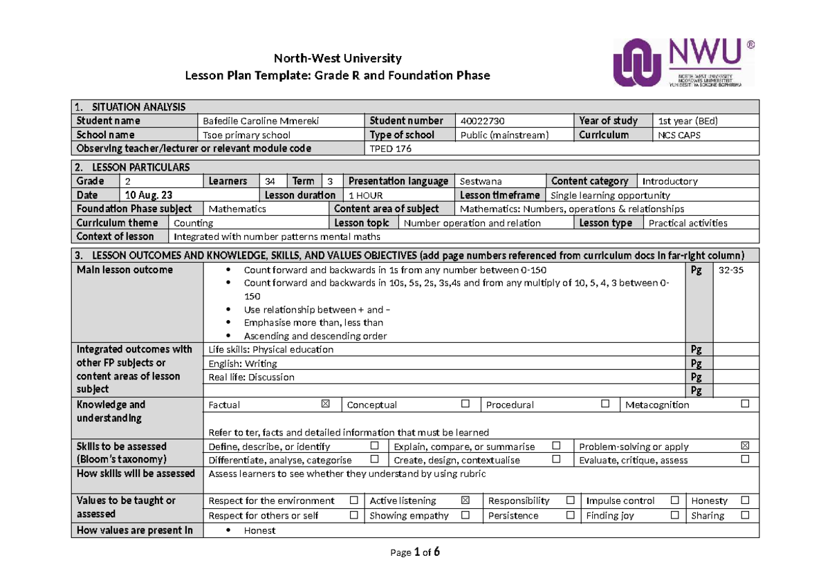 TPED 176: Grade 2 Mathematics Lesson Plan - Counting Operations - Studocu