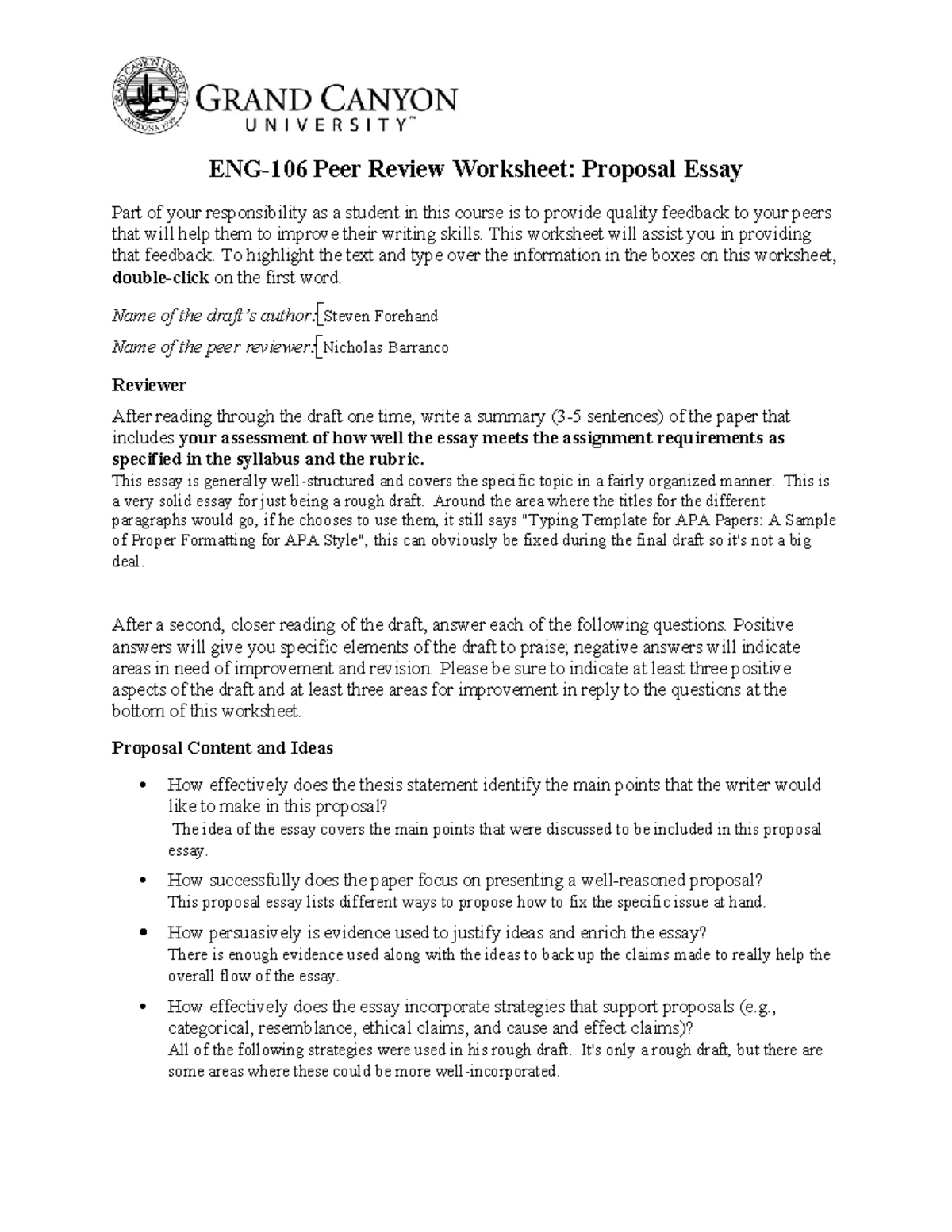 GCU ENG-106 Proposal Essay Peer Review Worksheet - Studocu