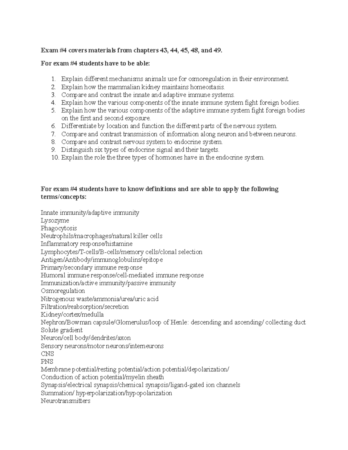 BIO1111 Midterm 4 Exam Study Guide: Osmoregulation & Immunity Concepts ...
