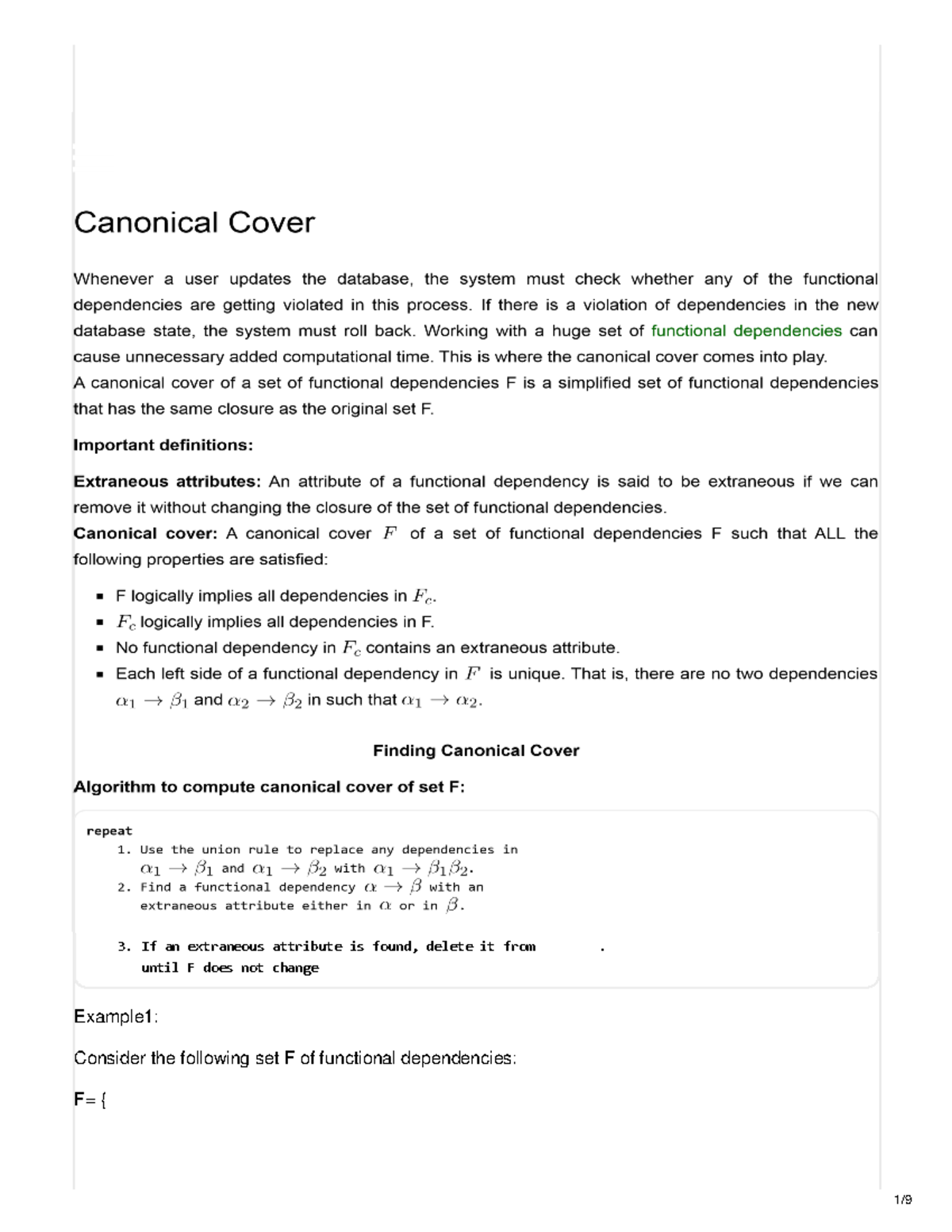 Canonical Cover - Example1: Consider the following set F of functional ...