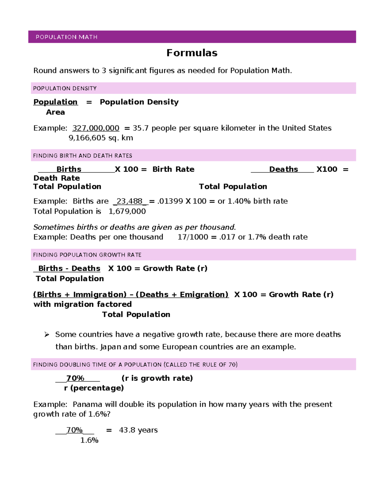 Population Math Formulas & Practice Problems Guide - Studocu