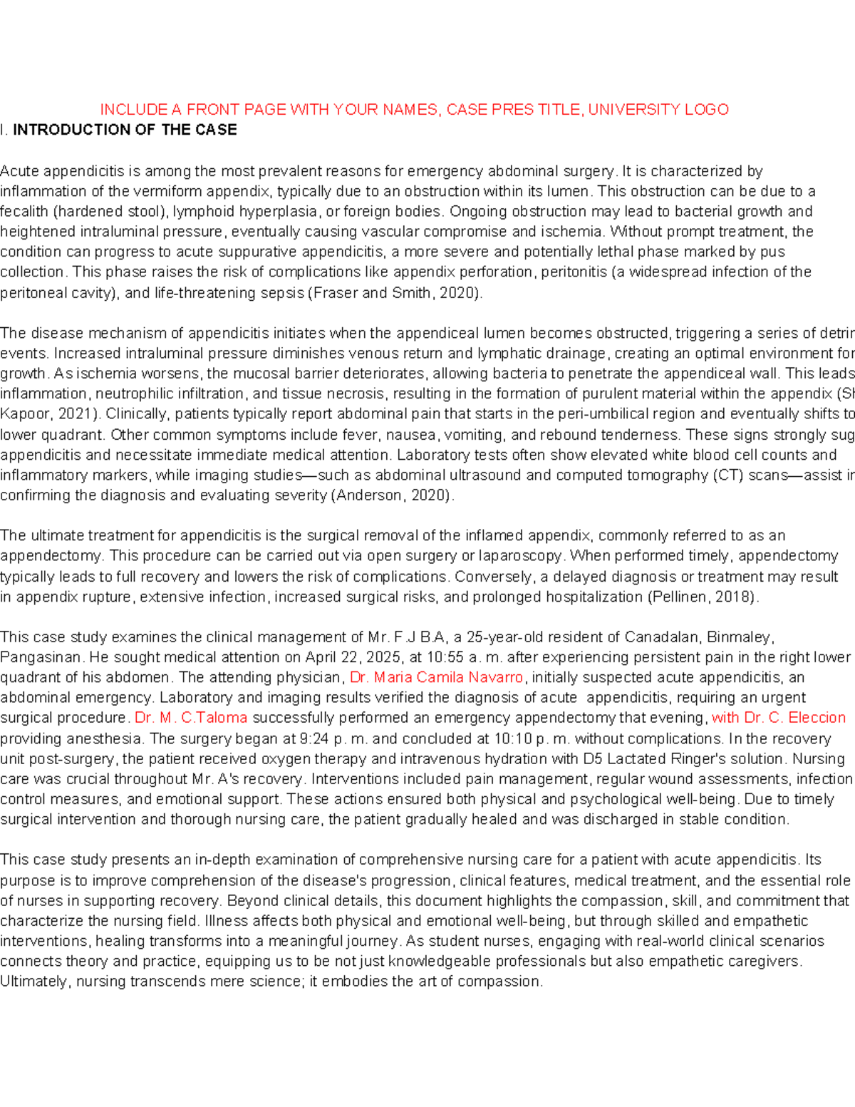 Case Study on Acute Appendicitis Management: A Nursing Perspective ...