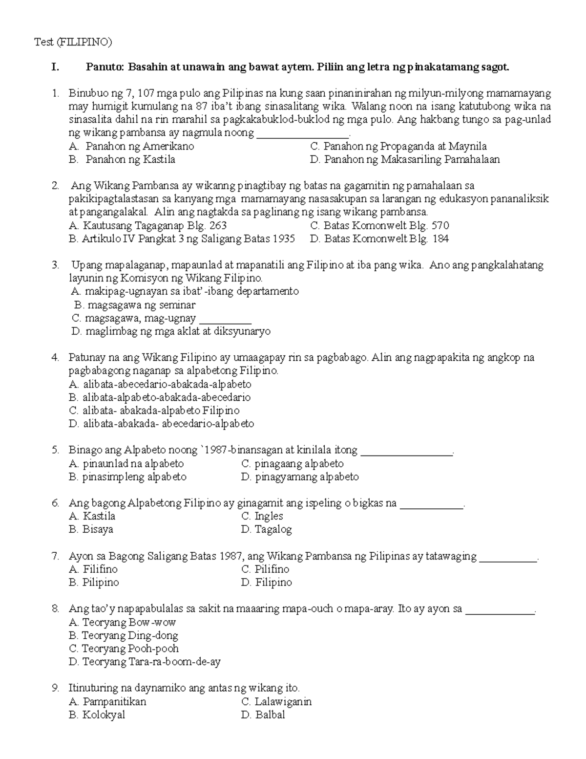 FILIPINO 101: Answer Key for Filipino Test Questions - Studocu