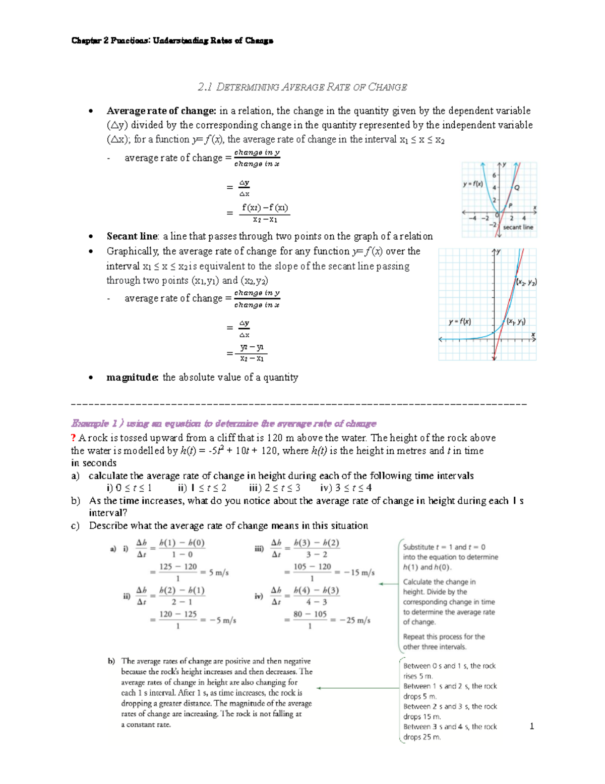 Chapter 2 summary complete - 2 DETERMINING AVERAGE RATE OF CHANGE ...
