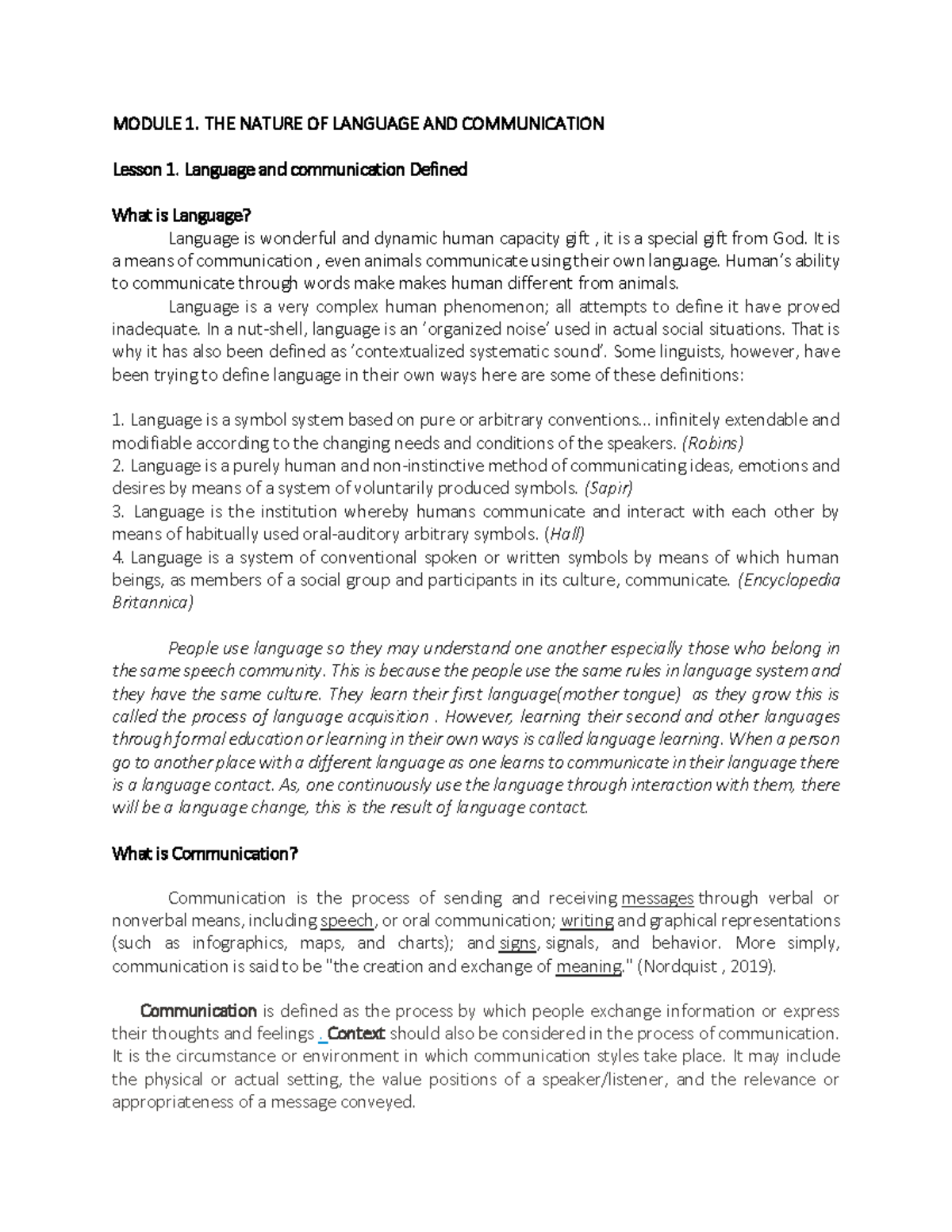 ENG 101: Module 1 - The Nature of Language and Communication - Studocu