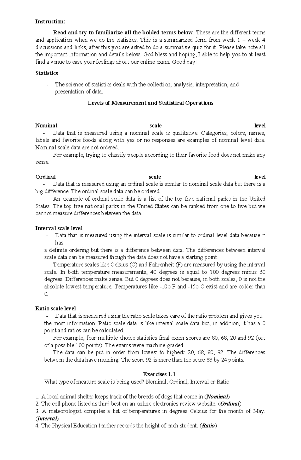 Statistics Overview: Week 1-4 Summary for Quiz Preparation - Studocu