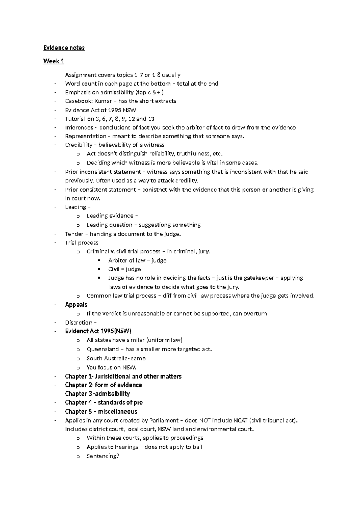 Evidence Notes: Week 1 & 2 Lecture Summaries - LAWS1234 - Studocu