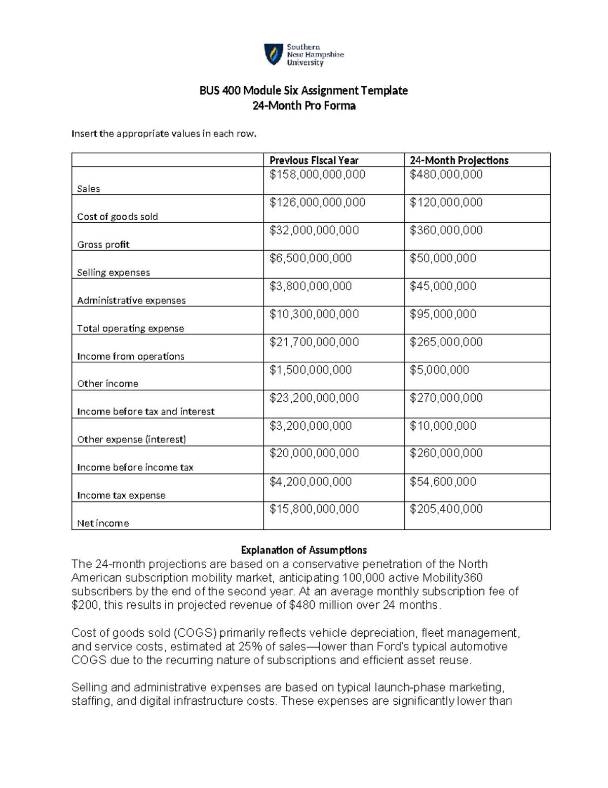 Ford Mobility 360 24 Month Pro Forma - BUS 400 Module Six Assignment ...