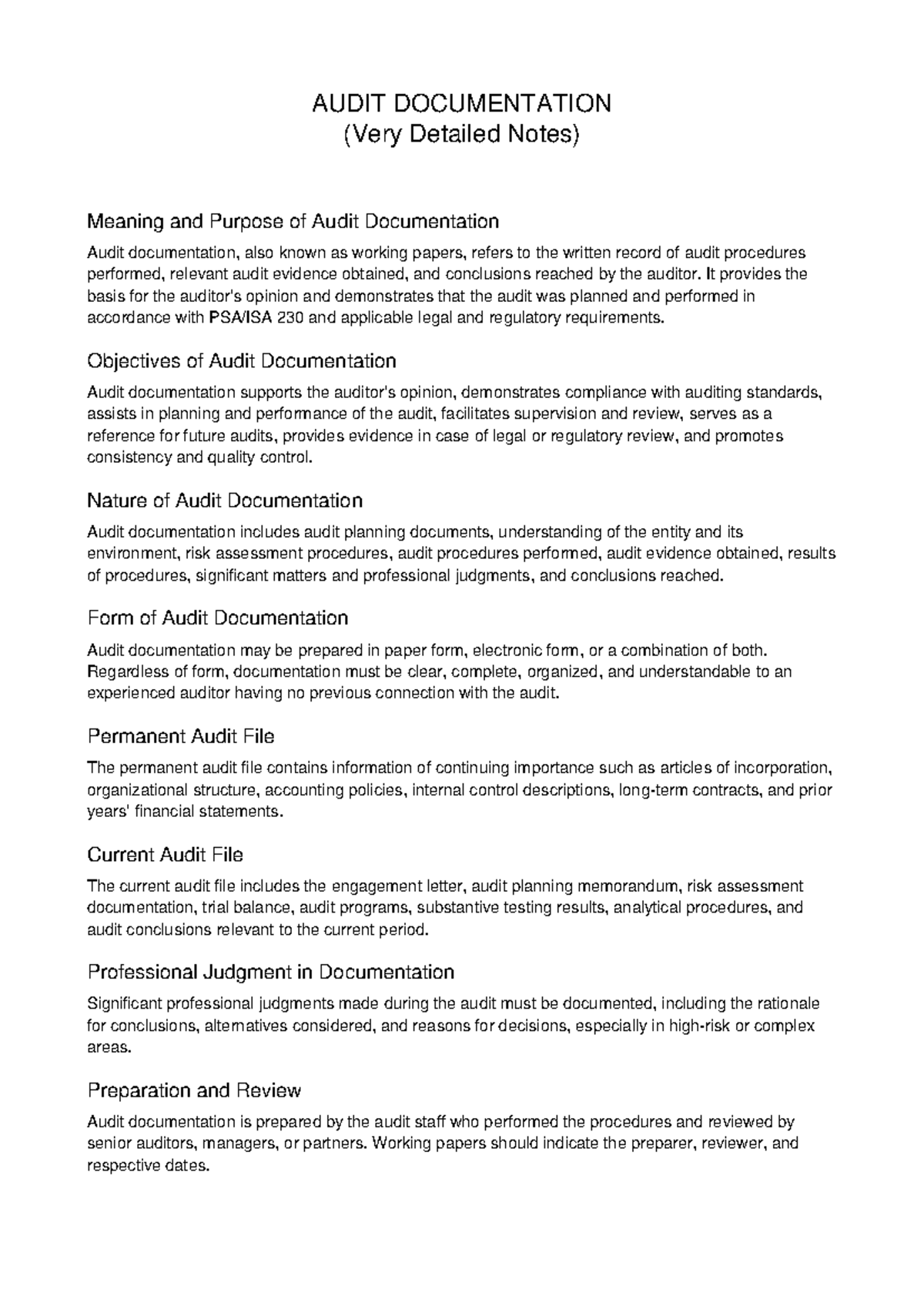 AUD 101: Detailed Notes on Audit Documentation and Its Purpose - Studocu