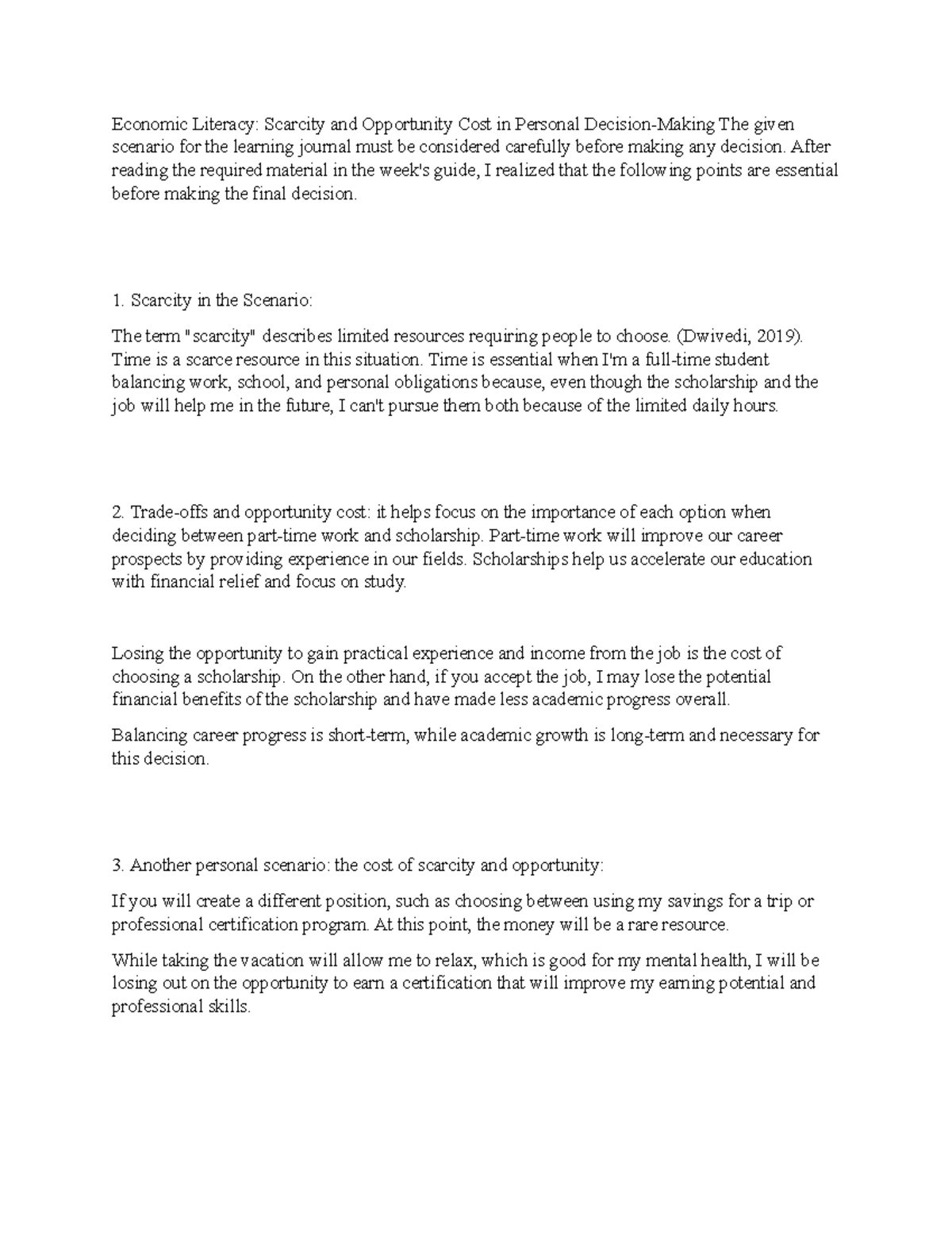 ECON 1580 Learning Journal: Scarcity & Opportunity Cost Analysis - Studocu