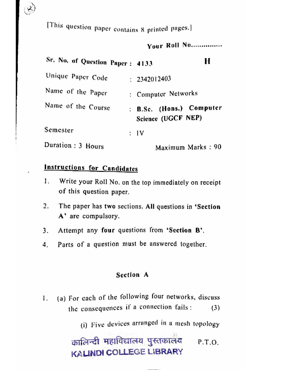 B.Sc. (Hons.) Computer Science - Computer Networks Question Paper (Sem ...