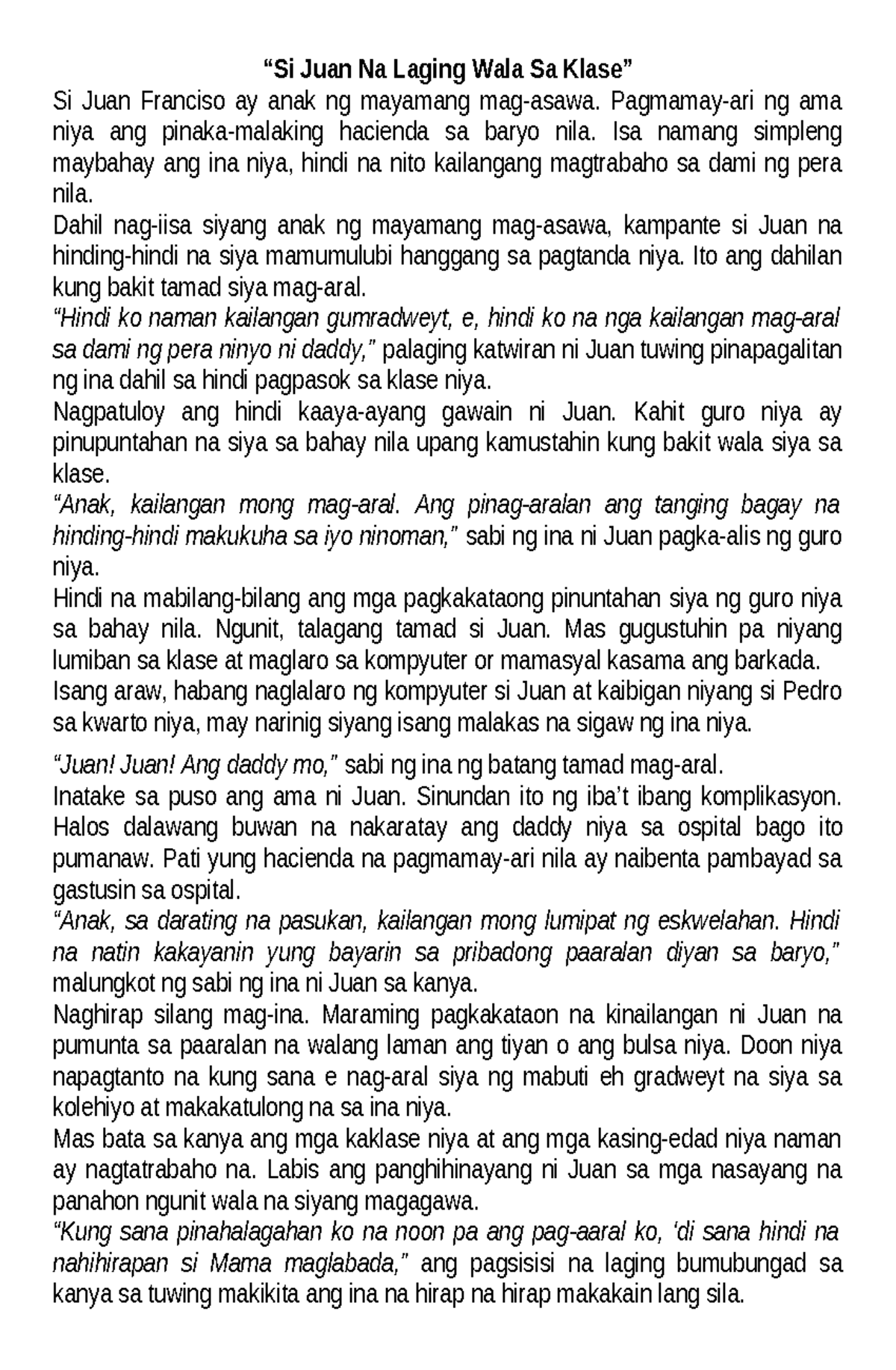 Si Juan na Laging Wala sa Klase: Isang Kwento ng Pagsisisi at Aral ...