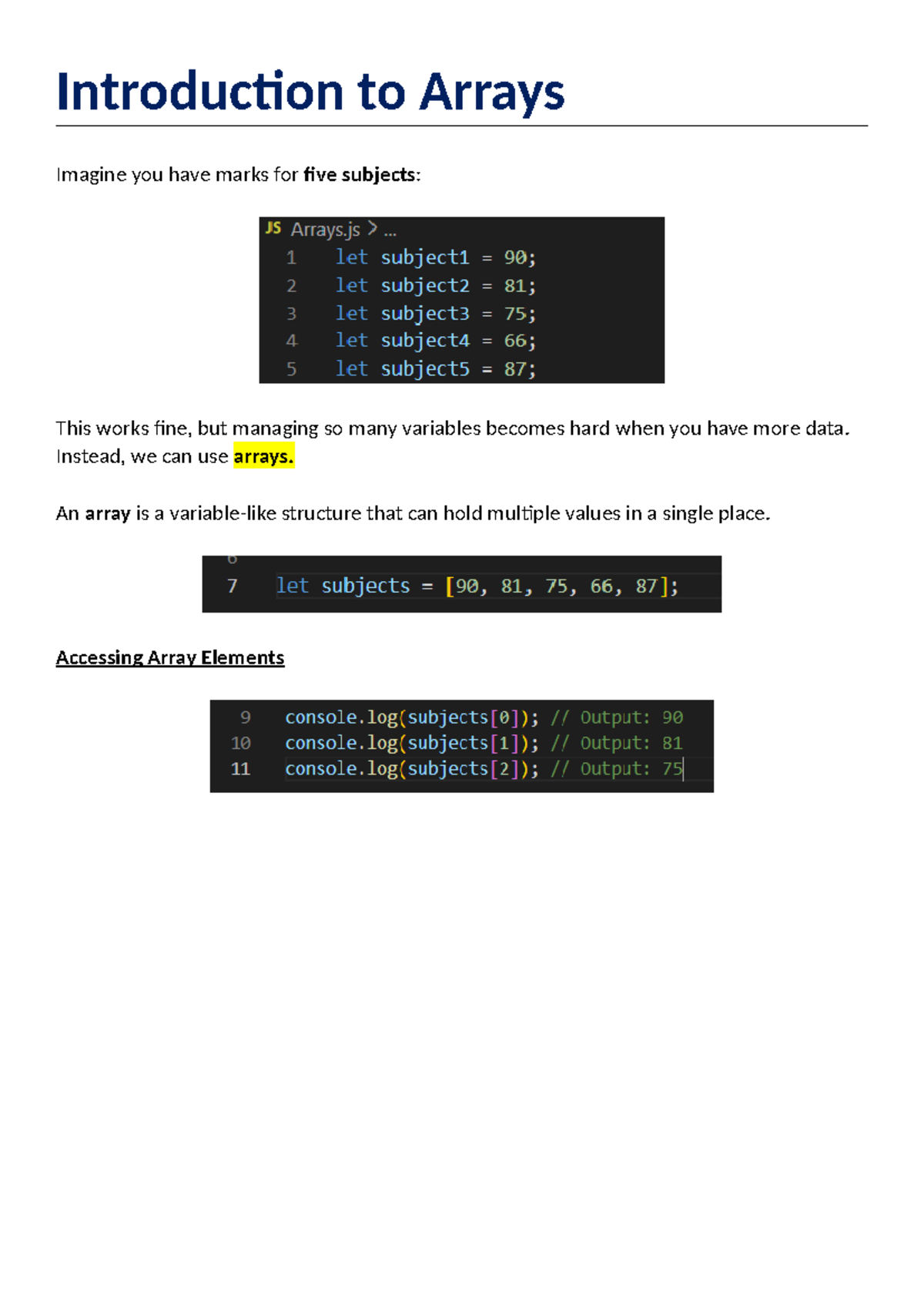 Arrays in JS: Introduction and common methods for handling data - Studocu