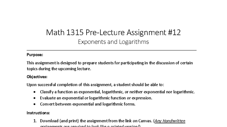 Math 1315 Assignment: Exponents & Logarithms Prep - Studocu