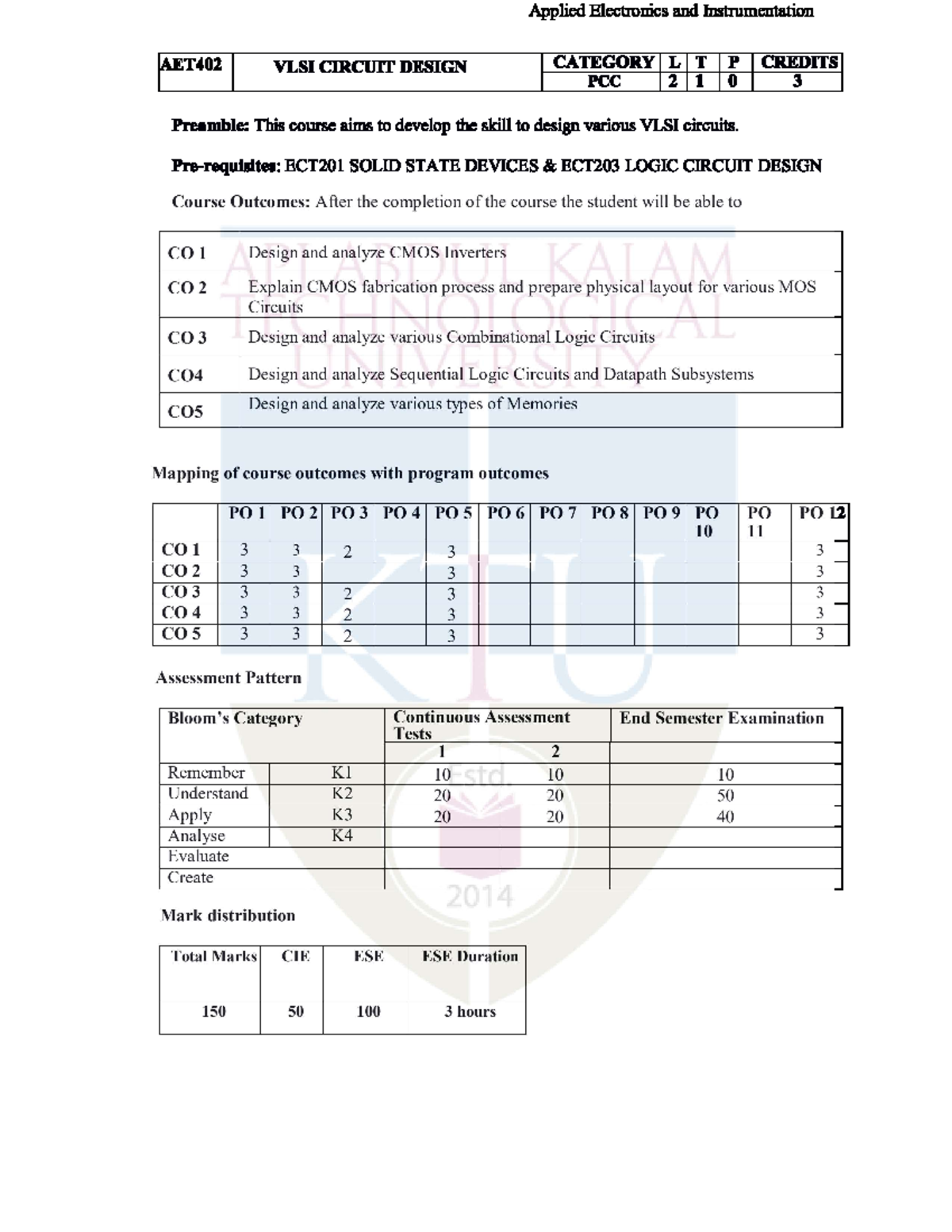 AET 402 - VLSI Circuit Design Syllabus and Course Outcomes - Studocu