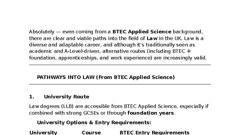 BTEC Applied Science Pathways into Law: University & Career Options ...